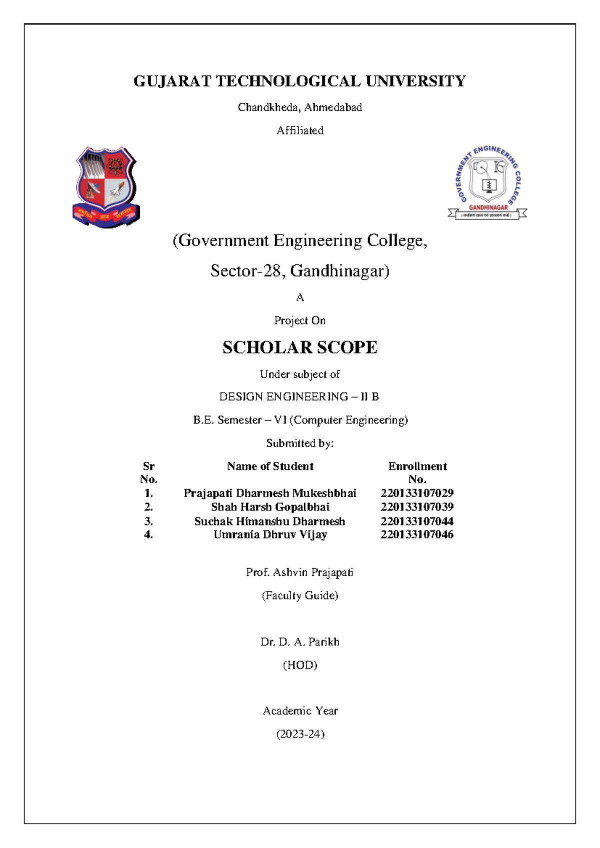 Project Report for DE - GUJARAT TECHNOLOGICAL UNIVERSITY Chandkheda ...