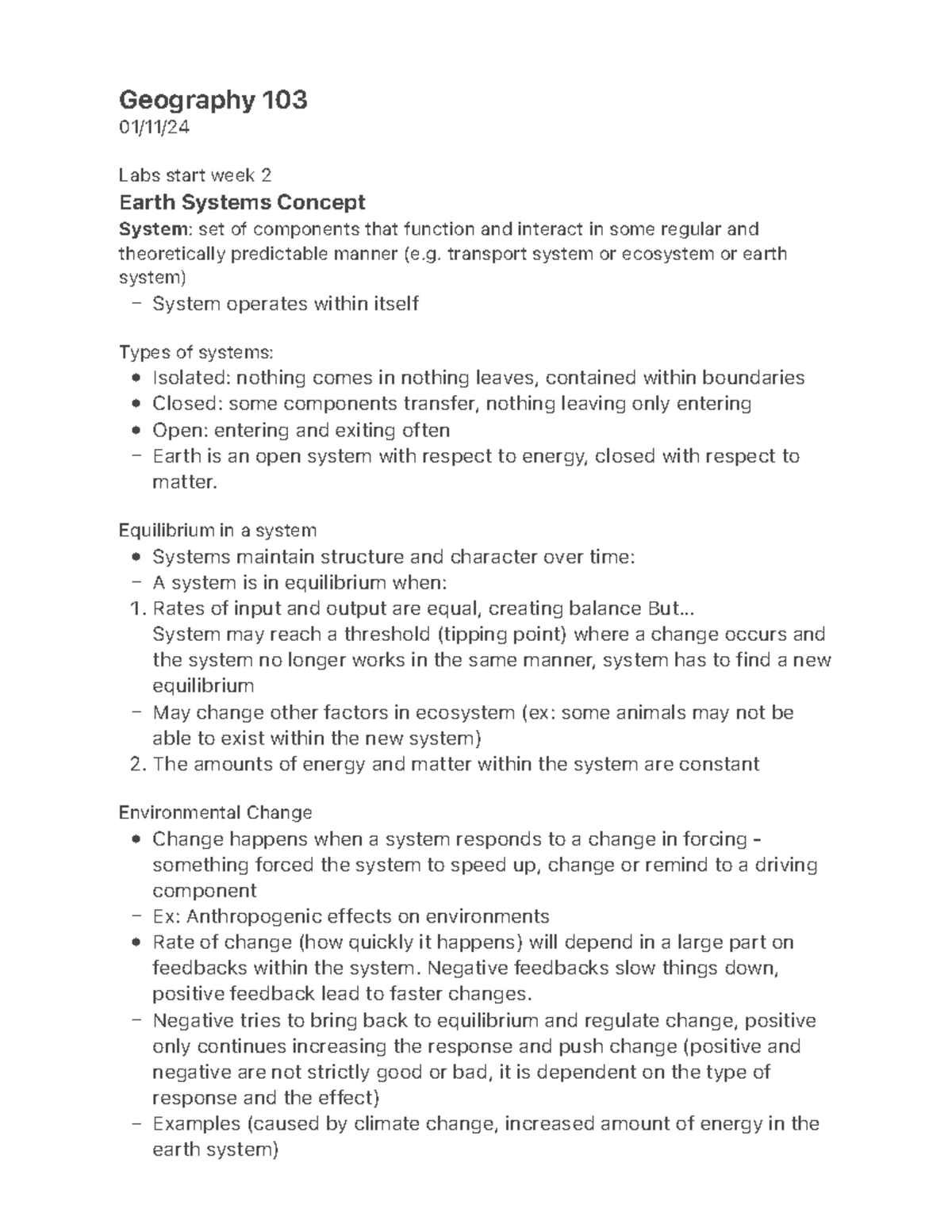 Geography 103 - – – – 1. – 2. – – – Geography 103 01/11/ Labs start week 2 Earth Systems - Studocu