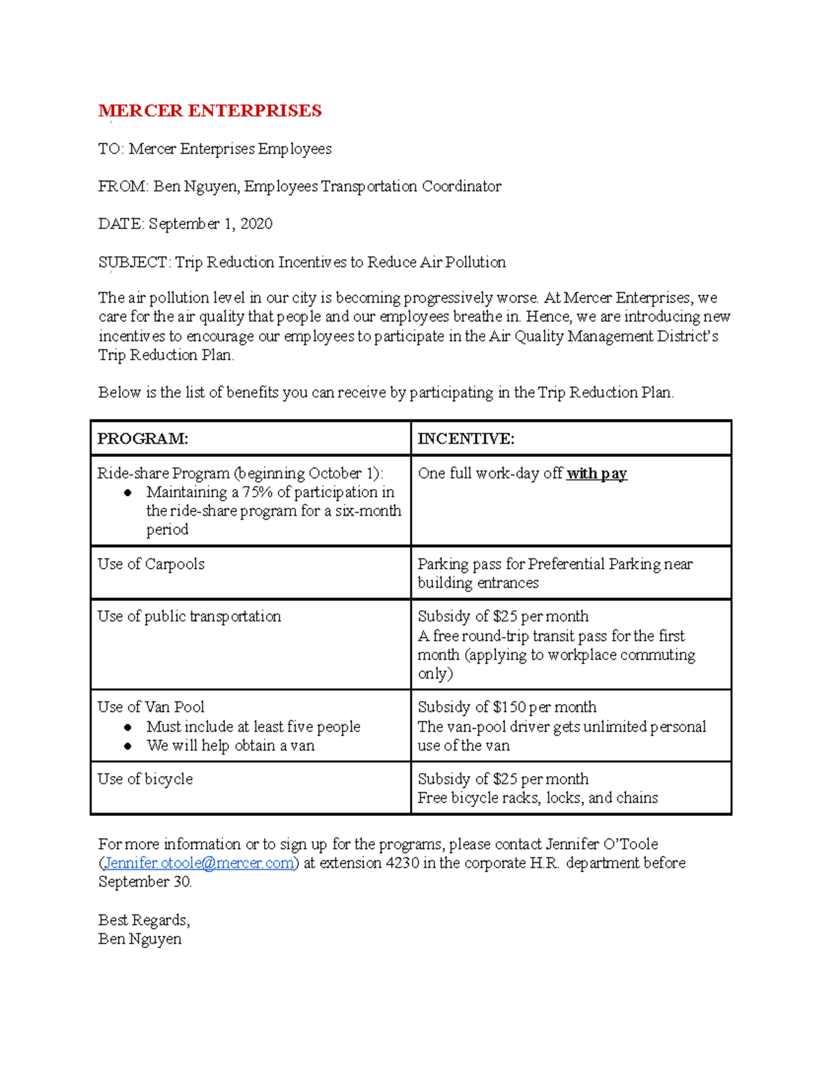 Professional Correspondence #1 (MEMO) - MERCER ENTERPRISES TO: Mercer ...