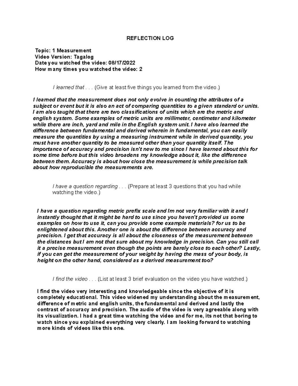 Reflection LOG Compilation - Topic: 1 Measurement Video Version ...