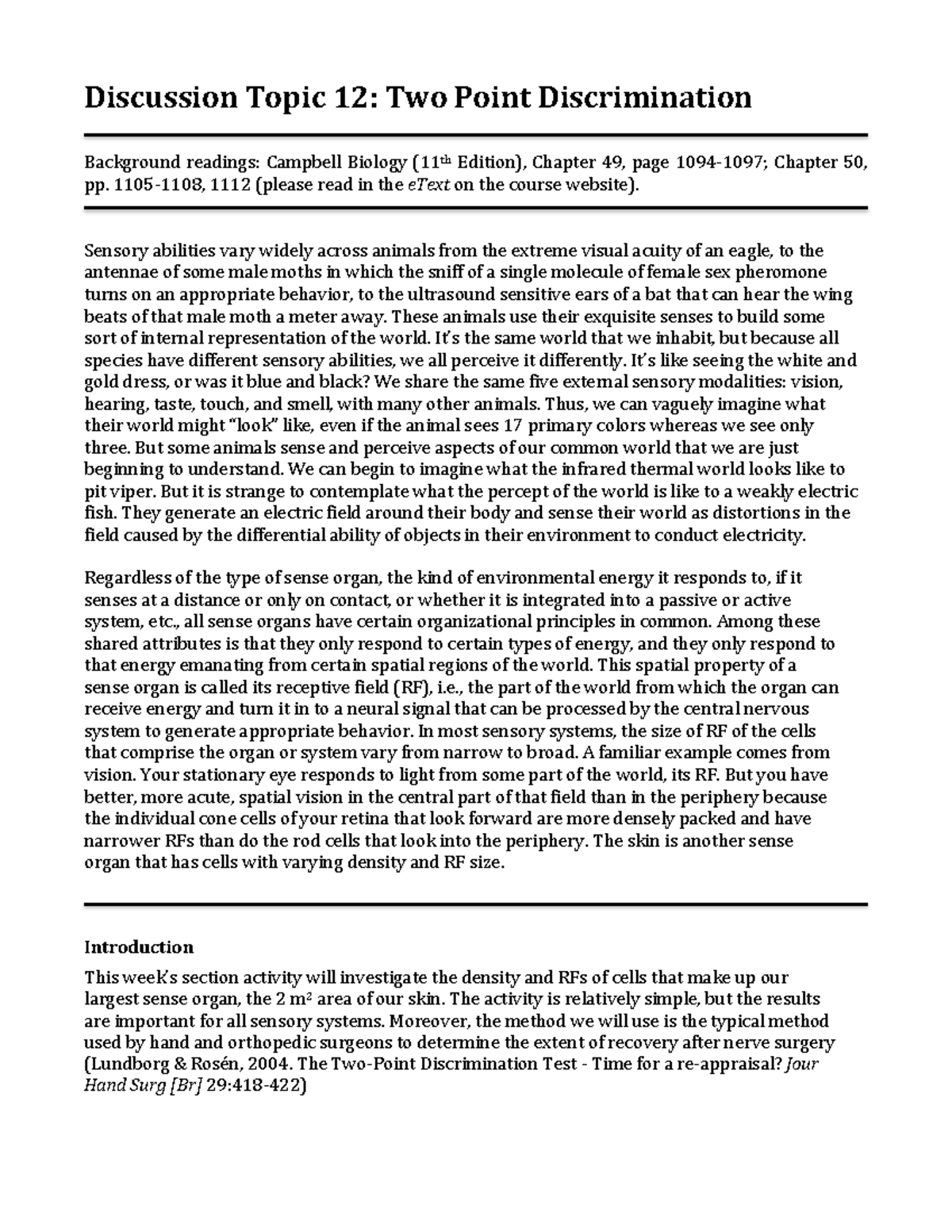 Week 12 two Point Discrimination Student version - Discussion Topic 12 ...
