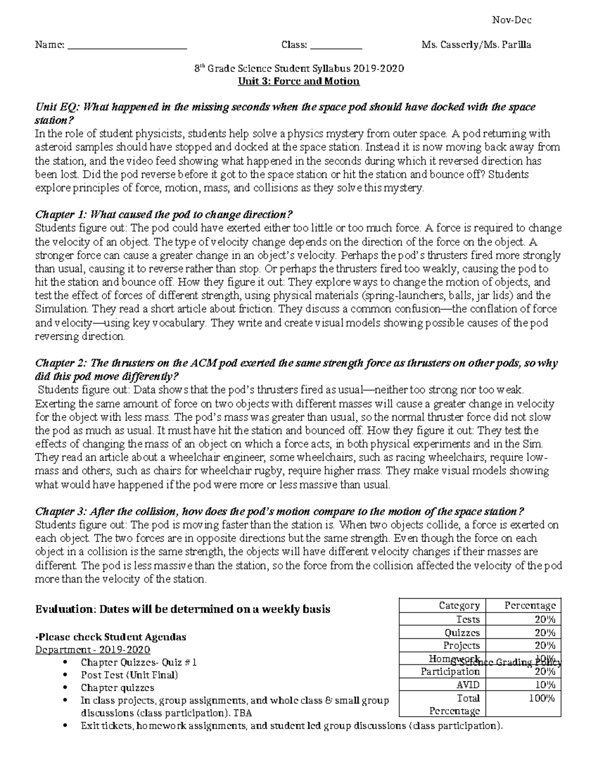 Unit 3- Force and Motion Syllabus - Nov-Dec Name ...