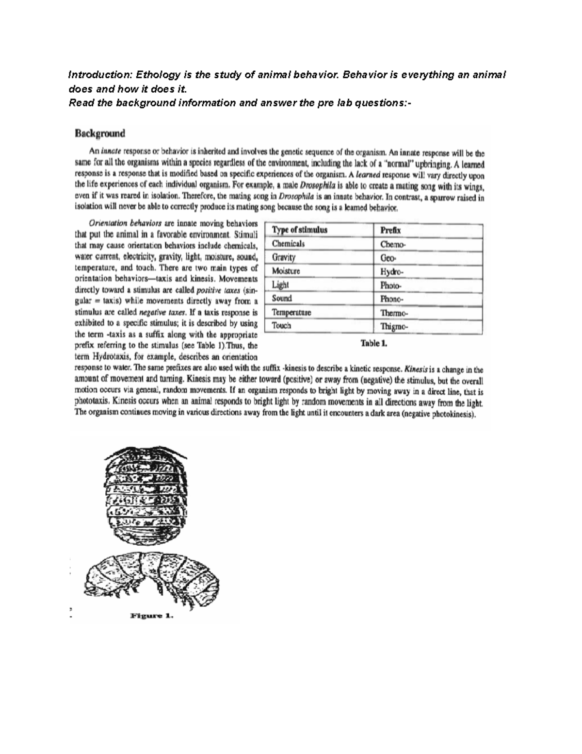 Animal Behavior pre lab - Introduction: Ethology is the study of animal ...
