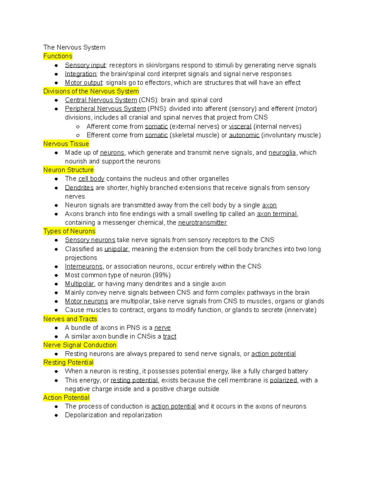 Unit 9 - Textbook notes, Prof. JP Hyatt - The Nervous System Functions ...