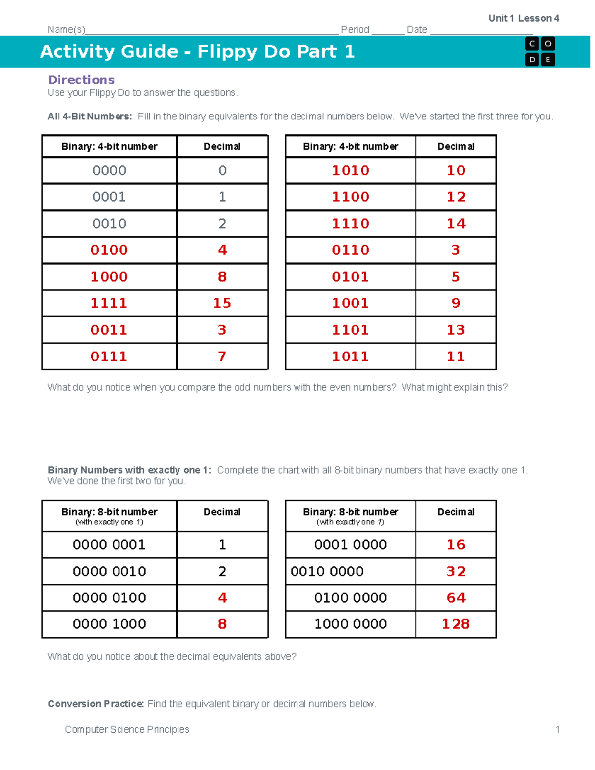 Flippy Doo Jeffery Taylor - Unit 1 Lesson 4 Name(s ...