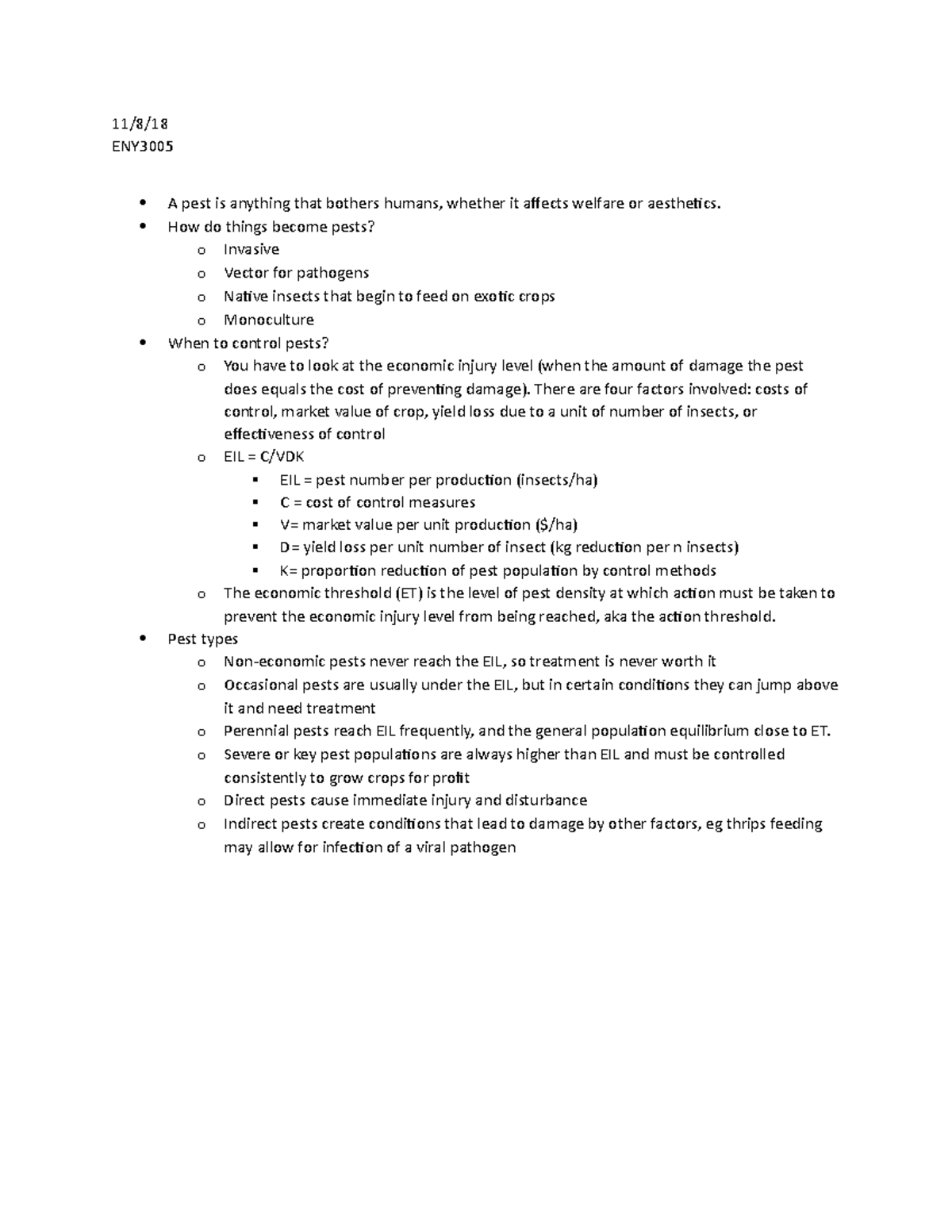 11 8 18 ipm 1 - Lecture notes 17 - 11/8/18 ENY3005 A pest is anything ...