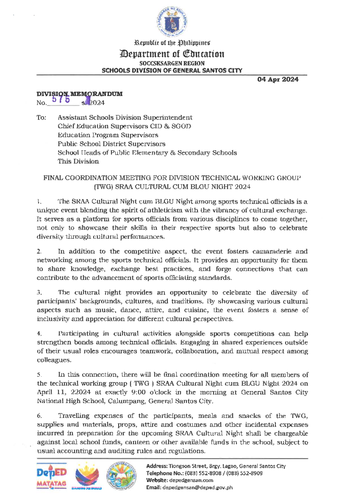 Division MEMO NO. 575, S. 2024 – Final Coordination Meeting FOR ...