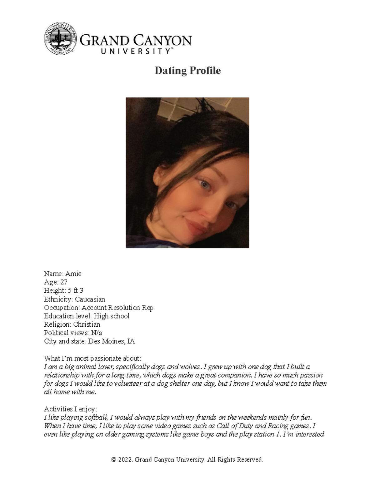 PSY362-RS-T5-Online Dating Profile (1) (3) - Dating Profile Name: Amie ...