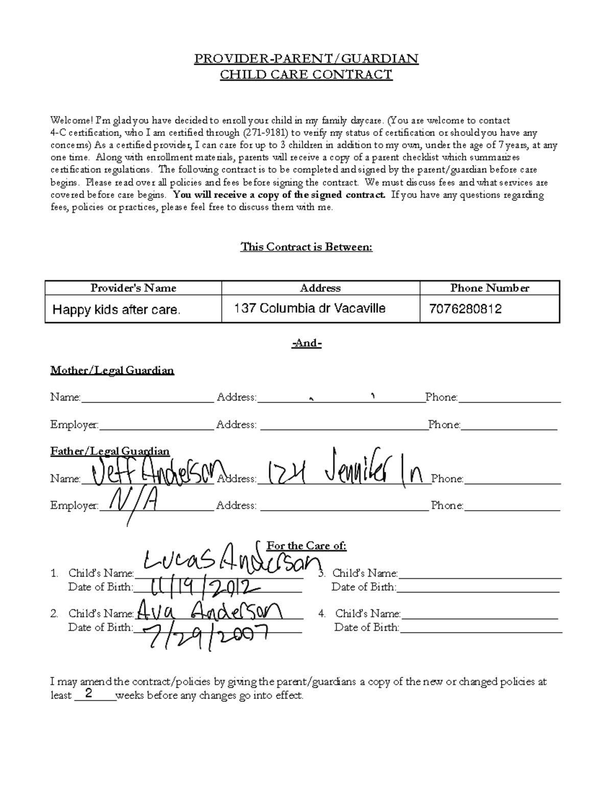 Printable Daycare Contract Form - PROVIDER-PARENT/GUARDIAN CHILD CARE ...