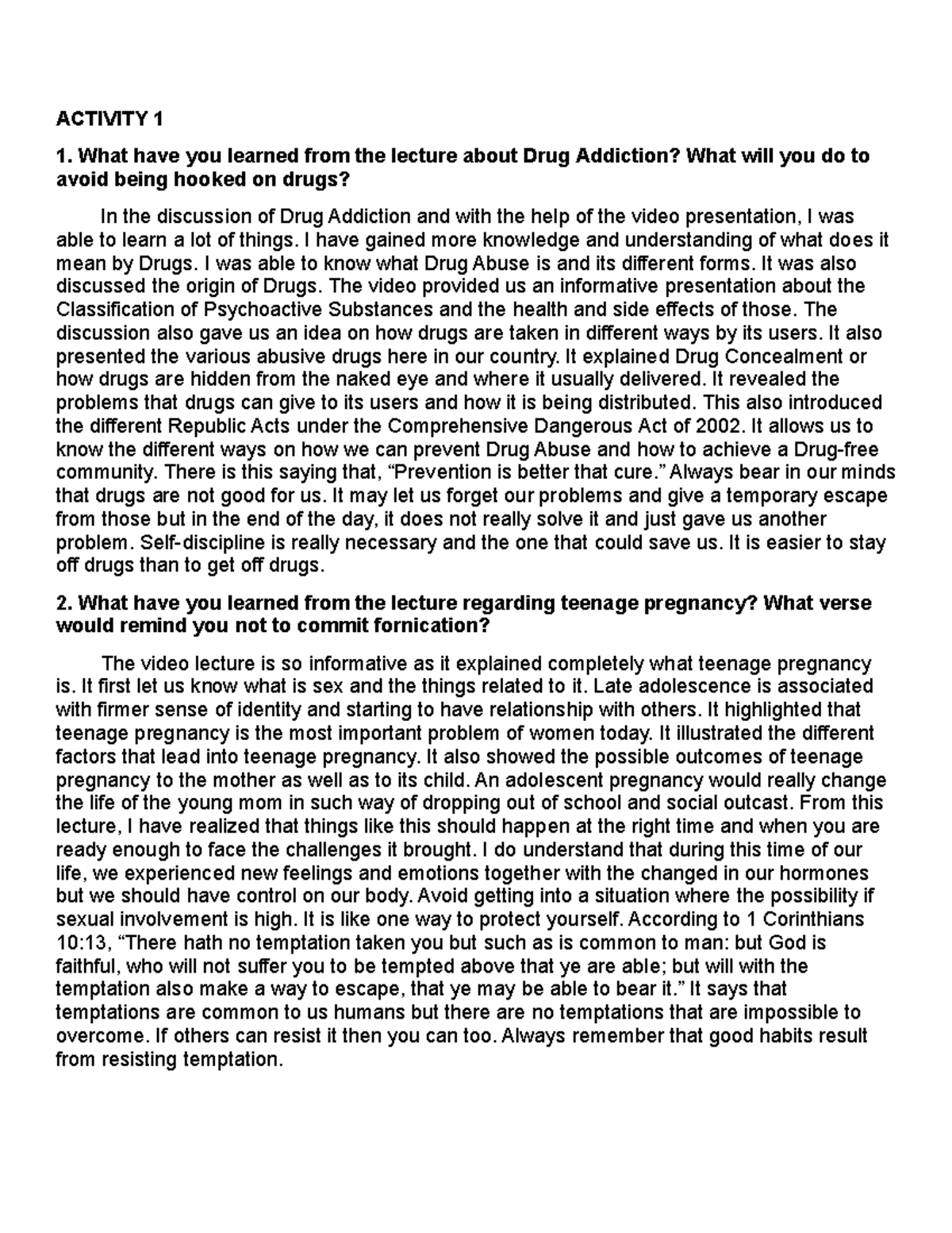 DRUG Education - Drugs - ACTIVITY 1 1. What have you learned from the ...