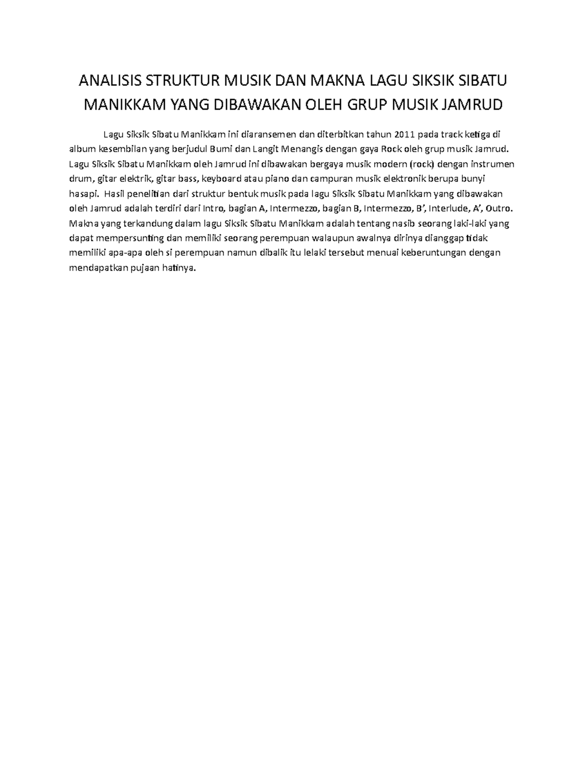 Analisis Struktur Musik DAN Makna LAGU Siksik Sibatu Manikkam YANG ...