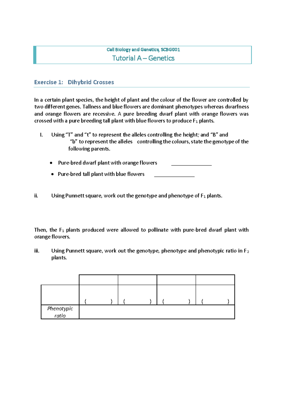Bio and genes week 10 tut A - Cell Biology and Genetics, SCBG 001 ...