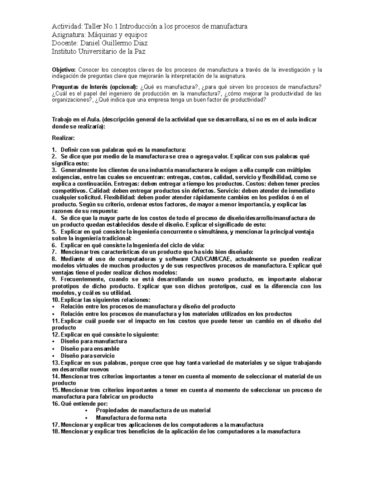 Taller No. 1 Introducción a los procesos de manufactura - Asignatura ...