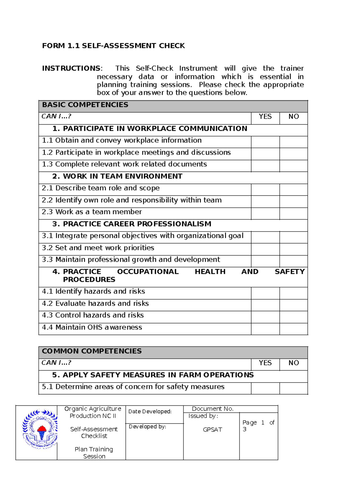 FORM 1.1 Self- Assessment Checklist - FORM 1 SELF-ASSESSMENT CHECK INSTRUCTIONS: This Self-Check ...