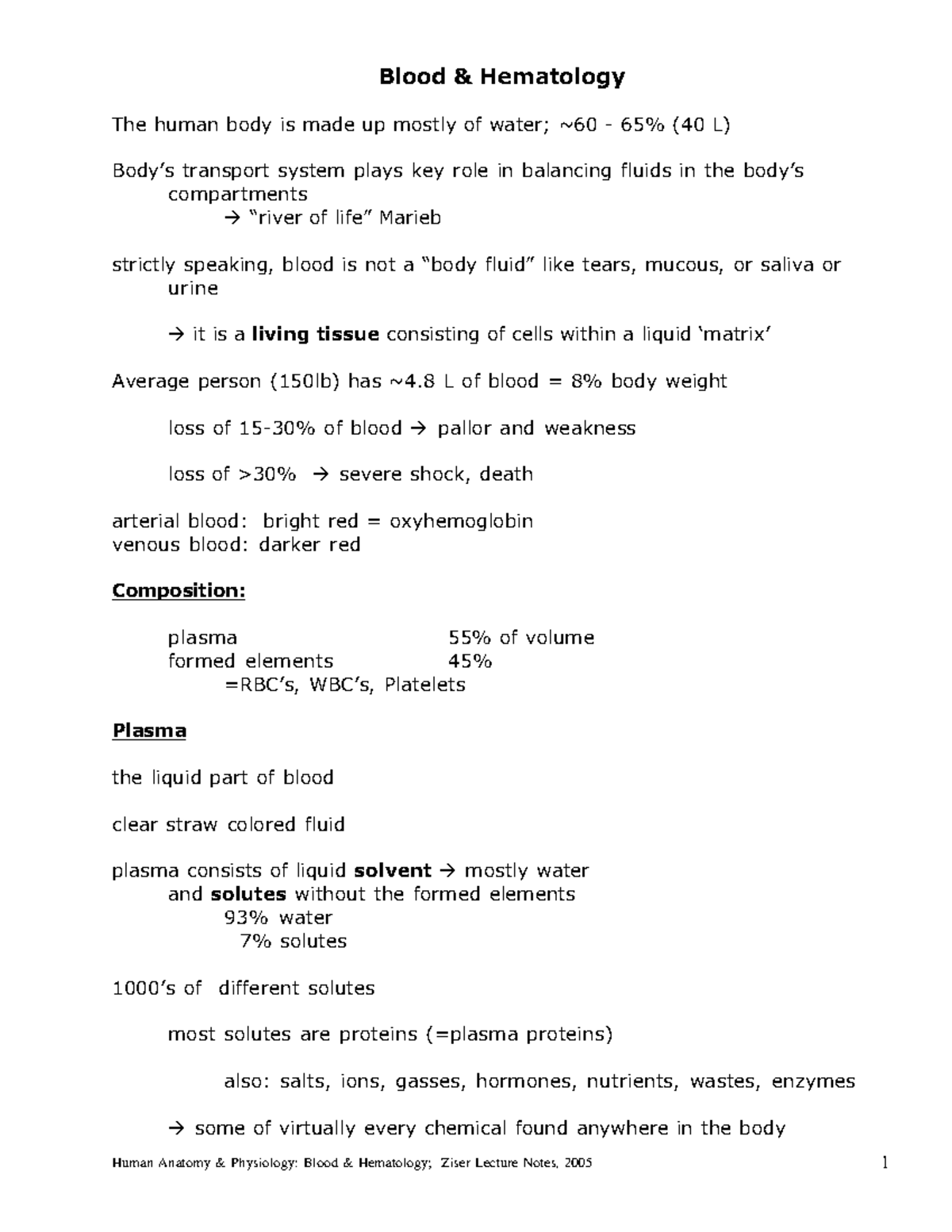 Blood &Hematology - Lecture notes 1 - Blood & Hematology The human body ...