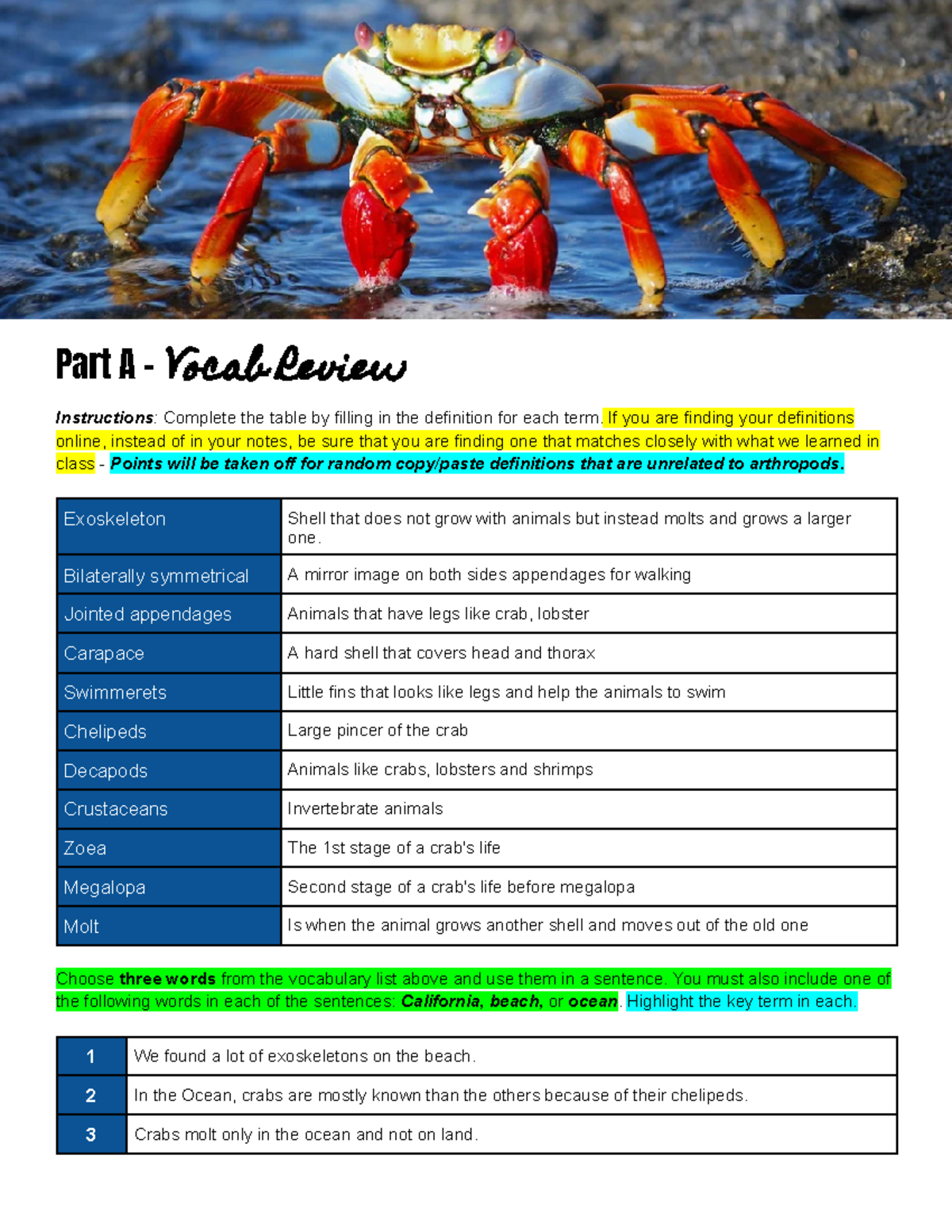 Arthropod Assignment - Part A - Vocab Review Instructions: Complete the ...