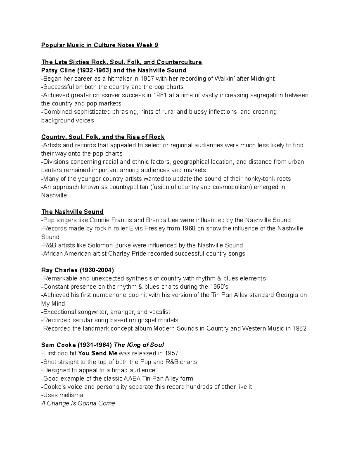 Popular Music in Culture Week 9 - Popular Music in Culture Notes Week 9 ...
