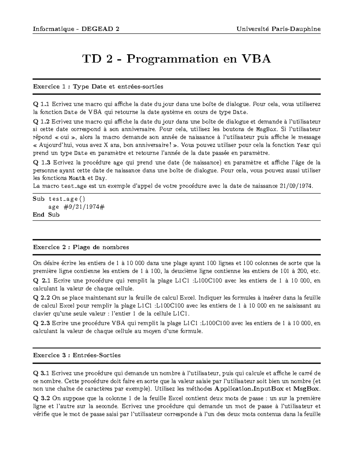 Td2VBA - Informatique - DEGEAD 2 Universit ́e Paris-Dauphine TD 2 - Programmation en VBA ...