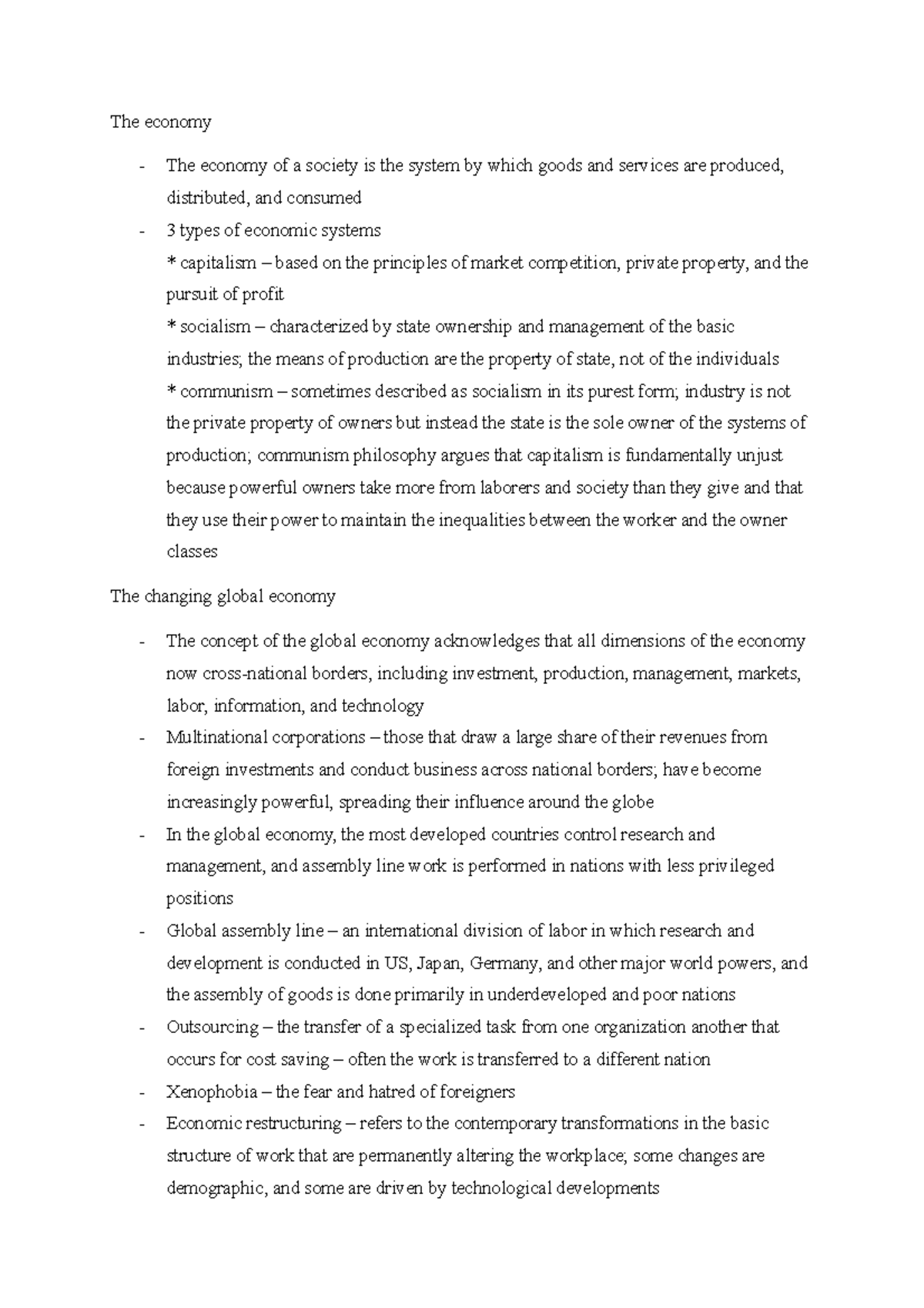 Chapter 15 lecture notes - The economy The economy of a society is the ...