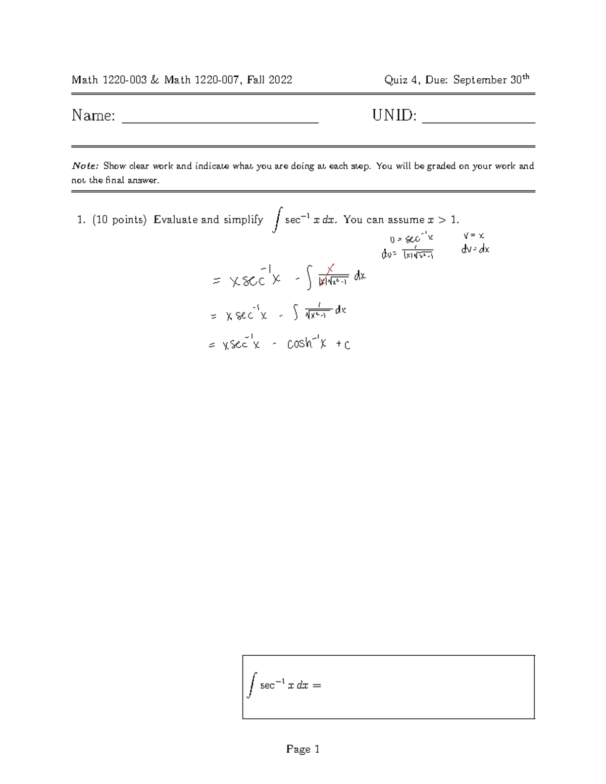 Calculus 2 Quiz 4 - Weekly practice quiz - ####### Math 1220-003 & Math 1220-007, Fall 2022 Quiz ...