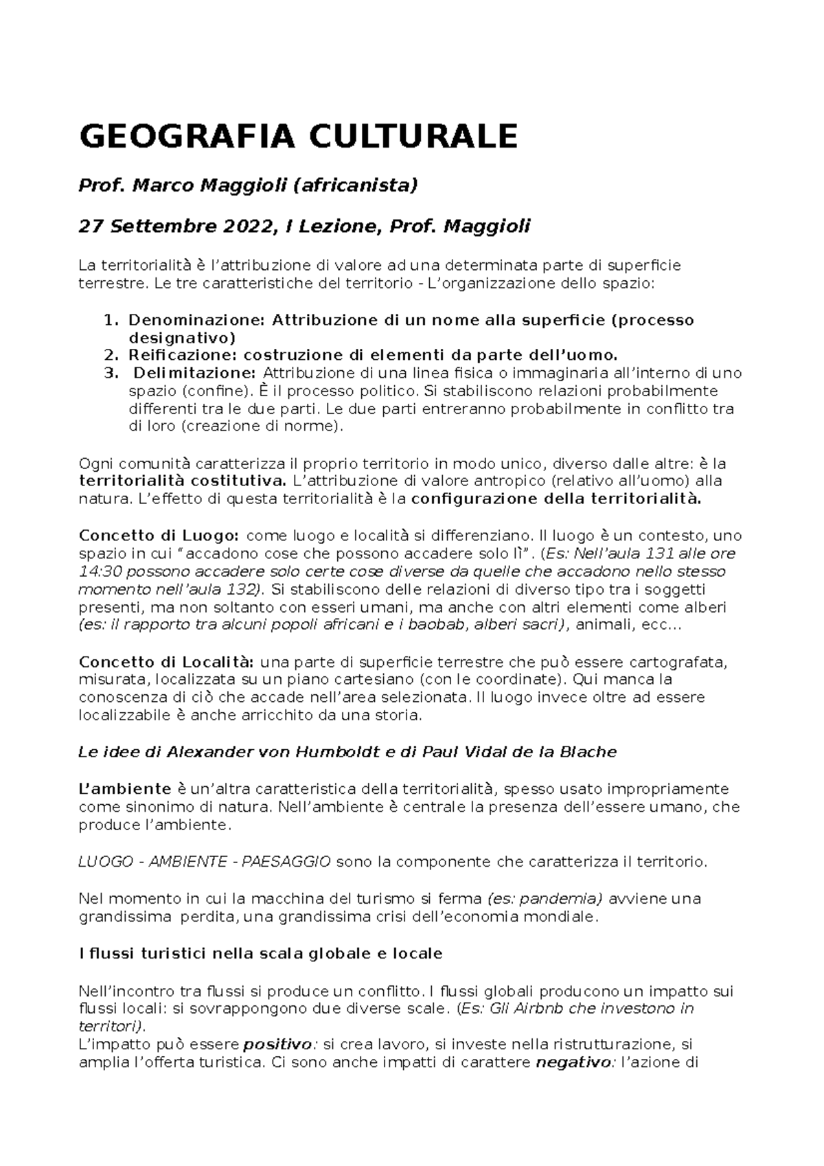 Appunti geografia - GEOGRAFIA CULTURALE Prof. Marco Maggioli ...
