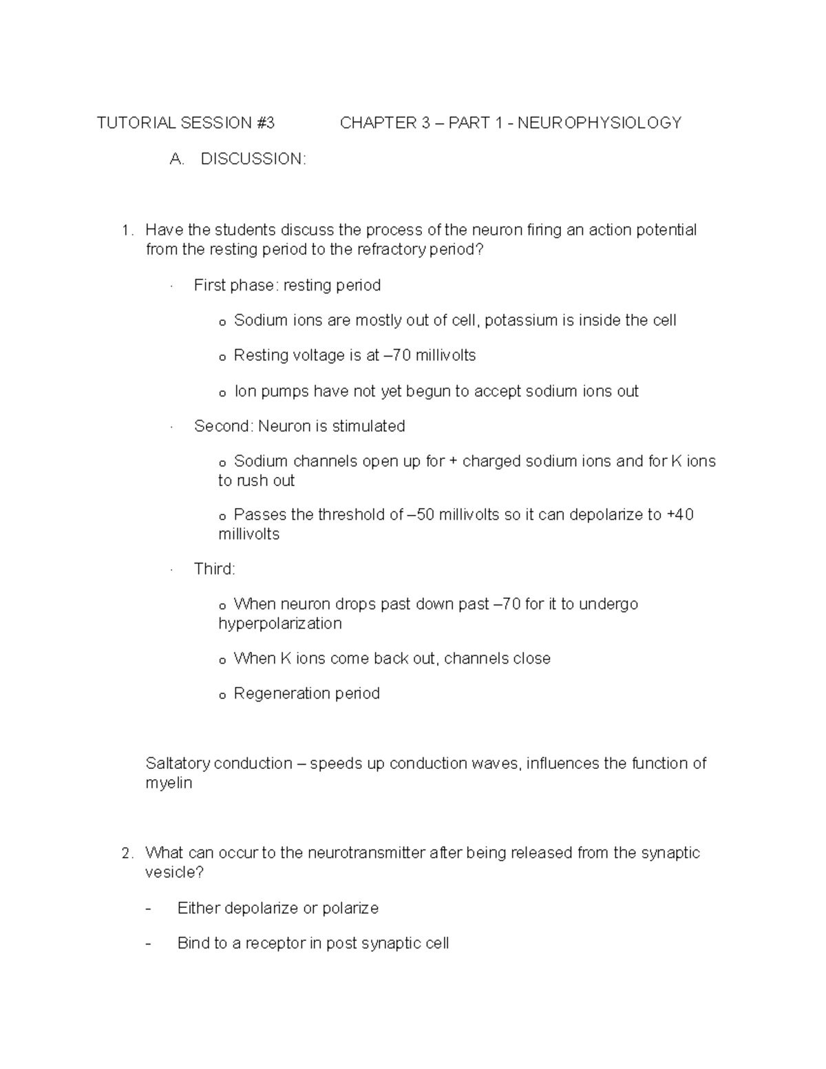 Psych 1002 Tutorial 5 - TUTORIAL SESSION #3 CHAPTER 3 – PART 1 - NEUROPHYSIOLOGY A. DISCUSSION ...