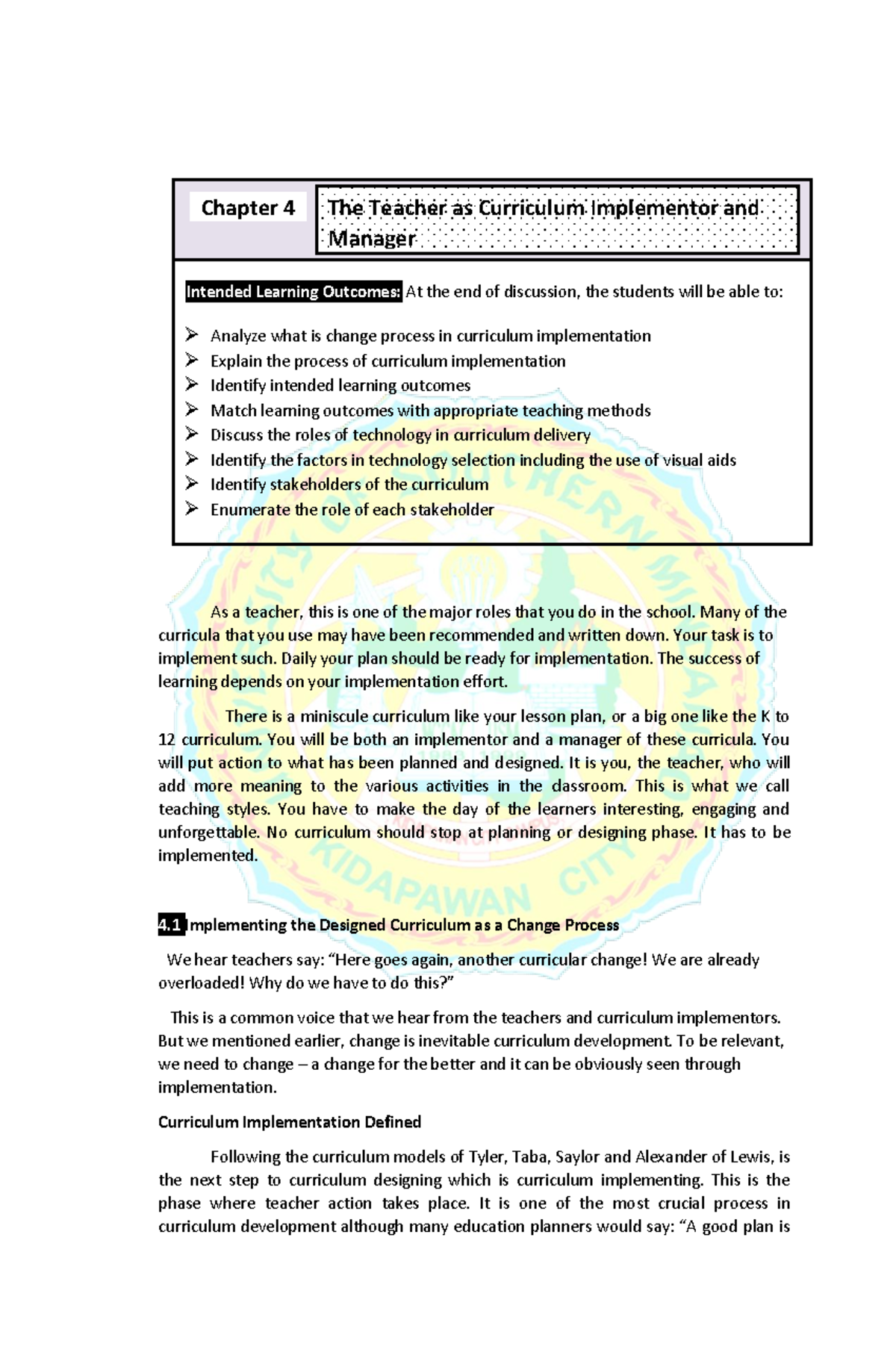 Chapter 4 - this is a handout of lectures - I ntended Learning Outcomes ...