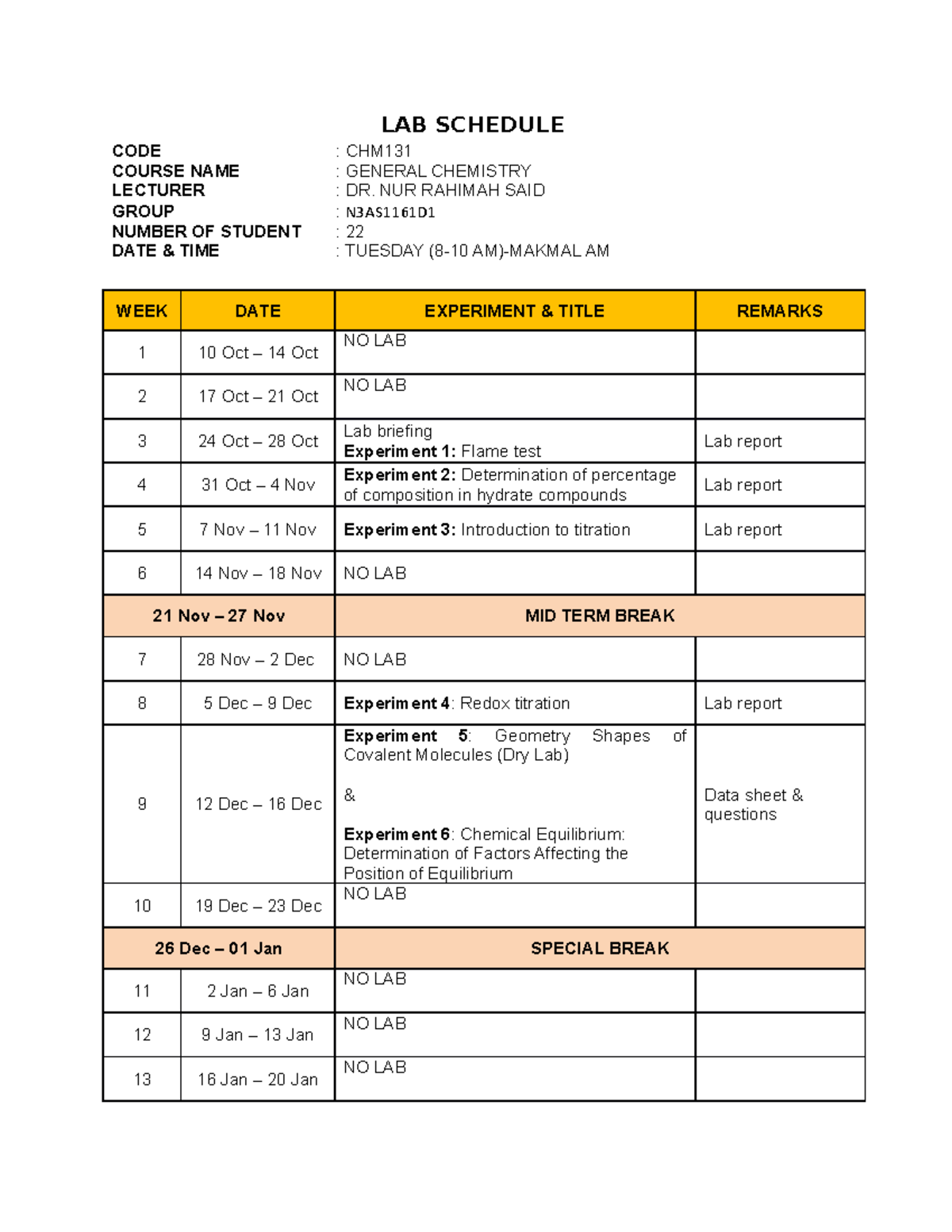 N3 AS116 1D1-LAB Schedule CHM131 - LAB SCHEDULE CODE : CHM COURSE NAME : GENERAL CHEMISTRY ...
