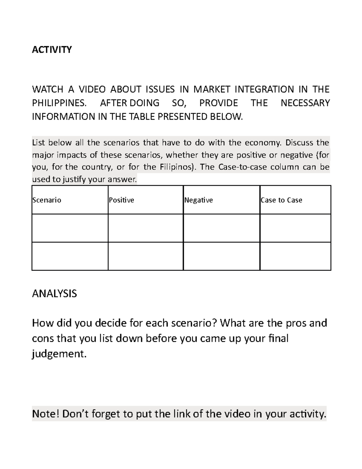 Market Integration - N/A - ACTIVITY WATCH A VIDEO ABOUT ISSUES IN ...