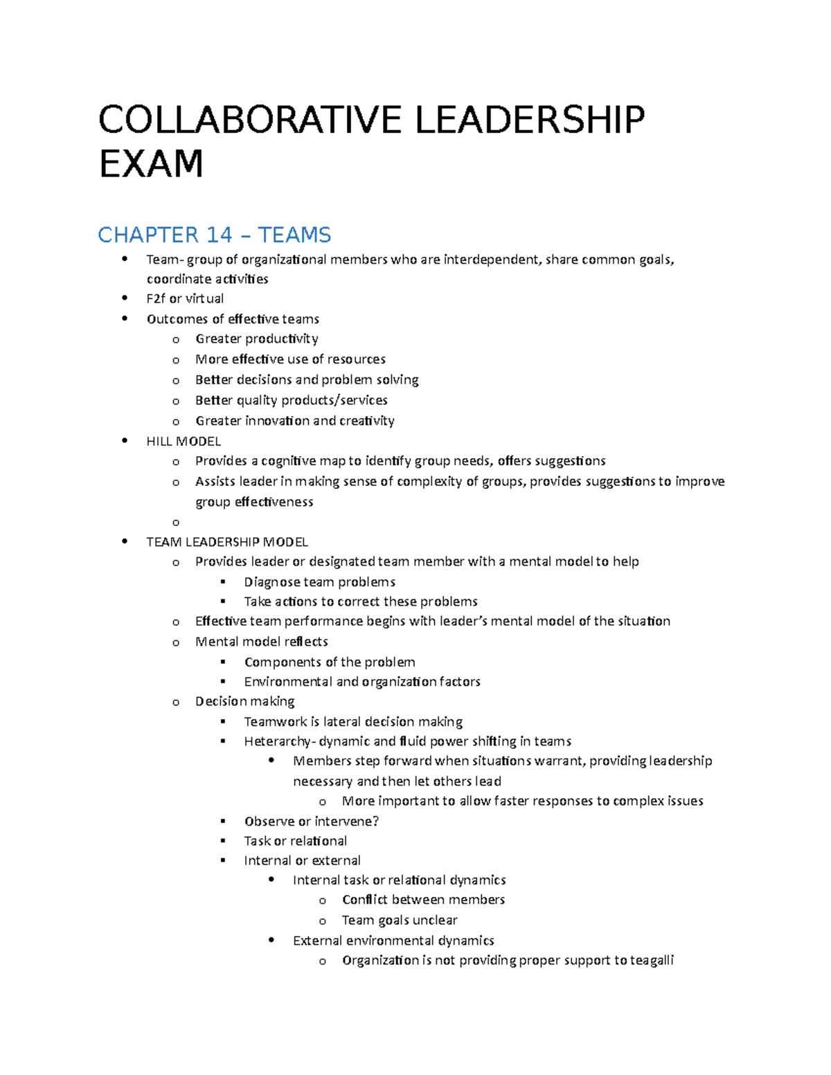 Collaborative Leadership EXAM - COLLABORATIVE LEADERSHIP EXAM CHAPTER ...