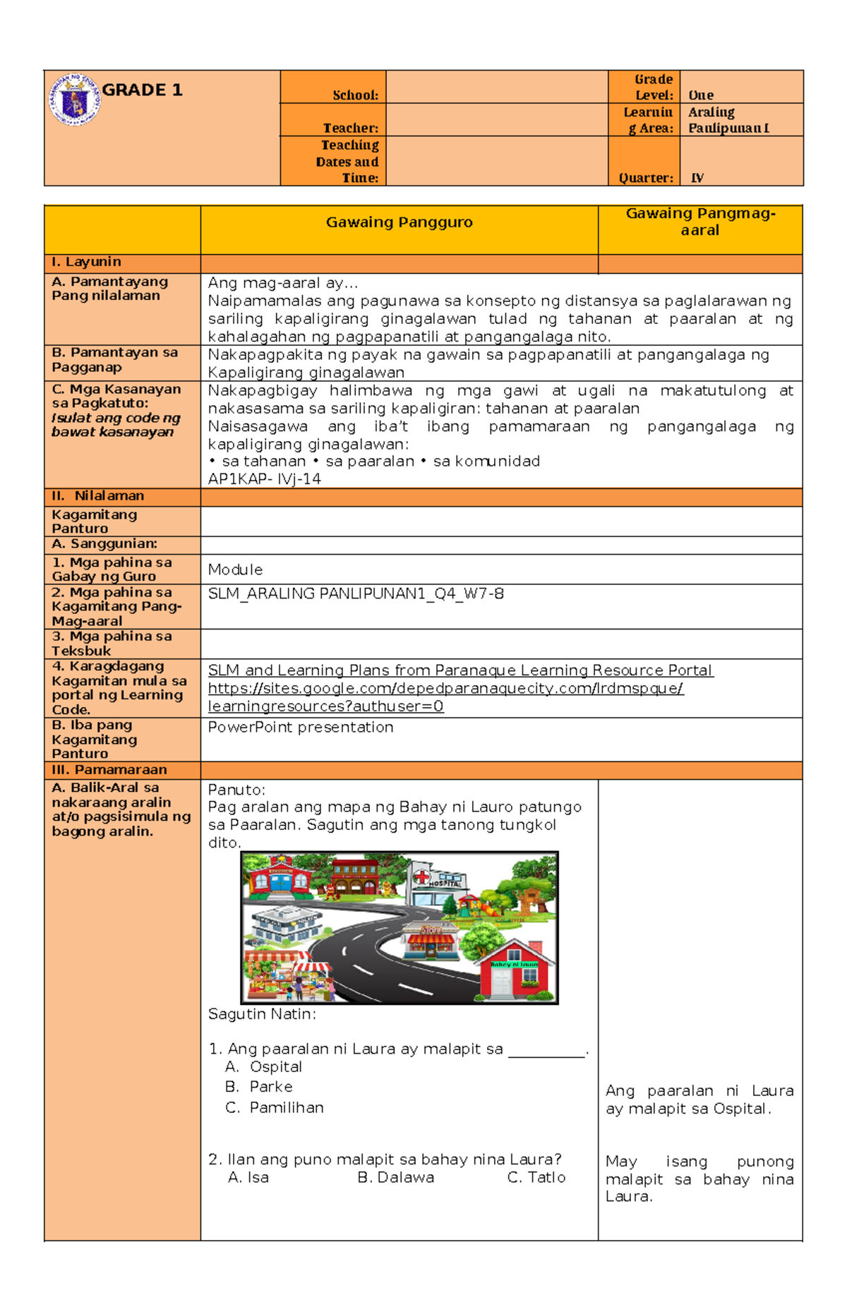 Sample Lesson Plan AP 1 Q4 - GRADE 1 School: Grade Level: One Teacher ...