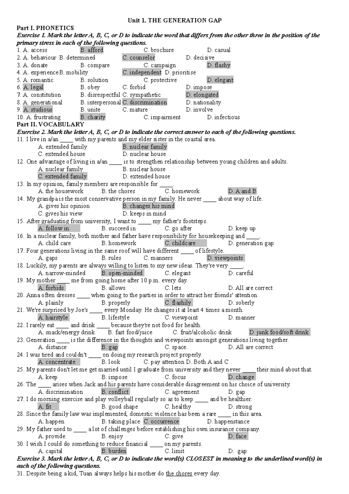 Unit 1 - english 11 unit 1 - Unit 1. THE GENERATION GAP Part I ...