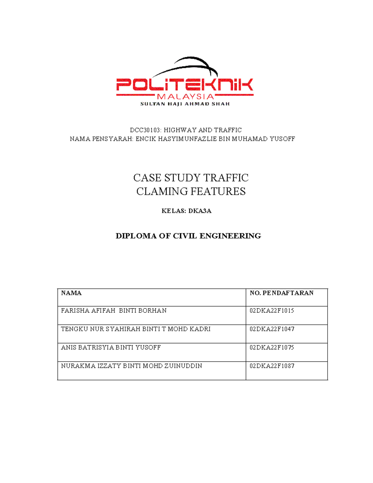 Report Highway CASE Study - KELAS: DKA3A NAMA NO. PENDAFTARAN FARISHA ...