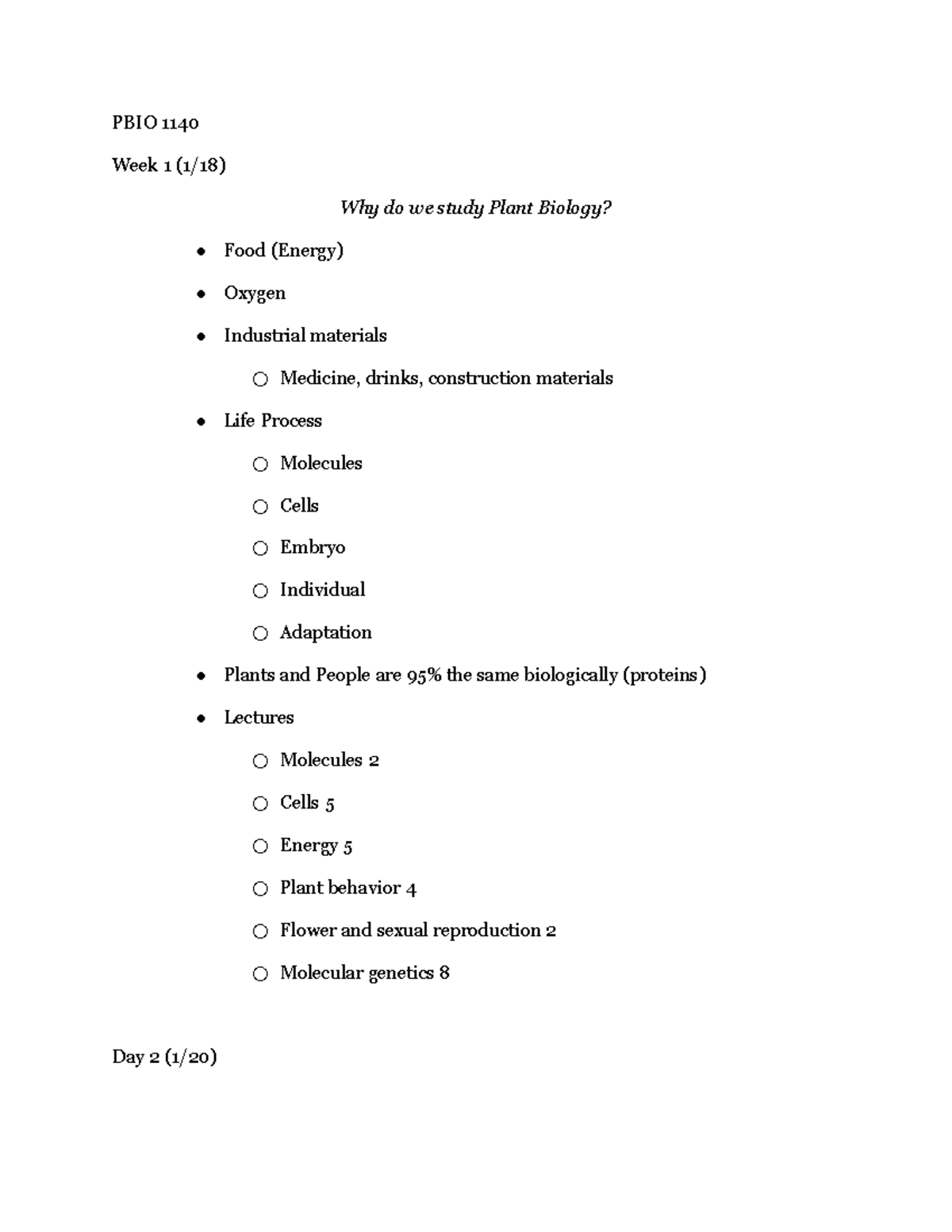 Foundation of Plant Biology Notes week 1-6 - PBIO 1140 Week 1 (1/18 ...