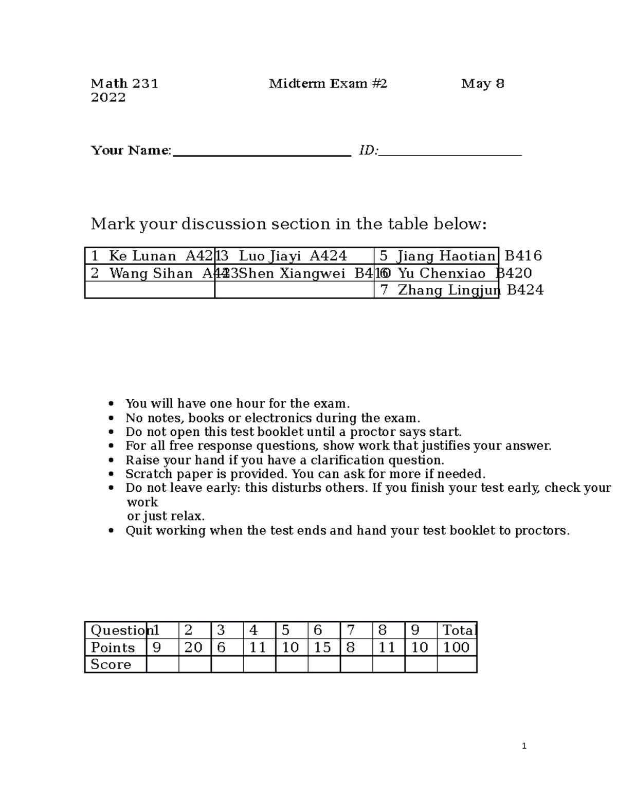 Exam 2S22 sol-2 - for midterm and final solution - Math 231 Midterm Exam #2 May 8 2022 Your Name ...