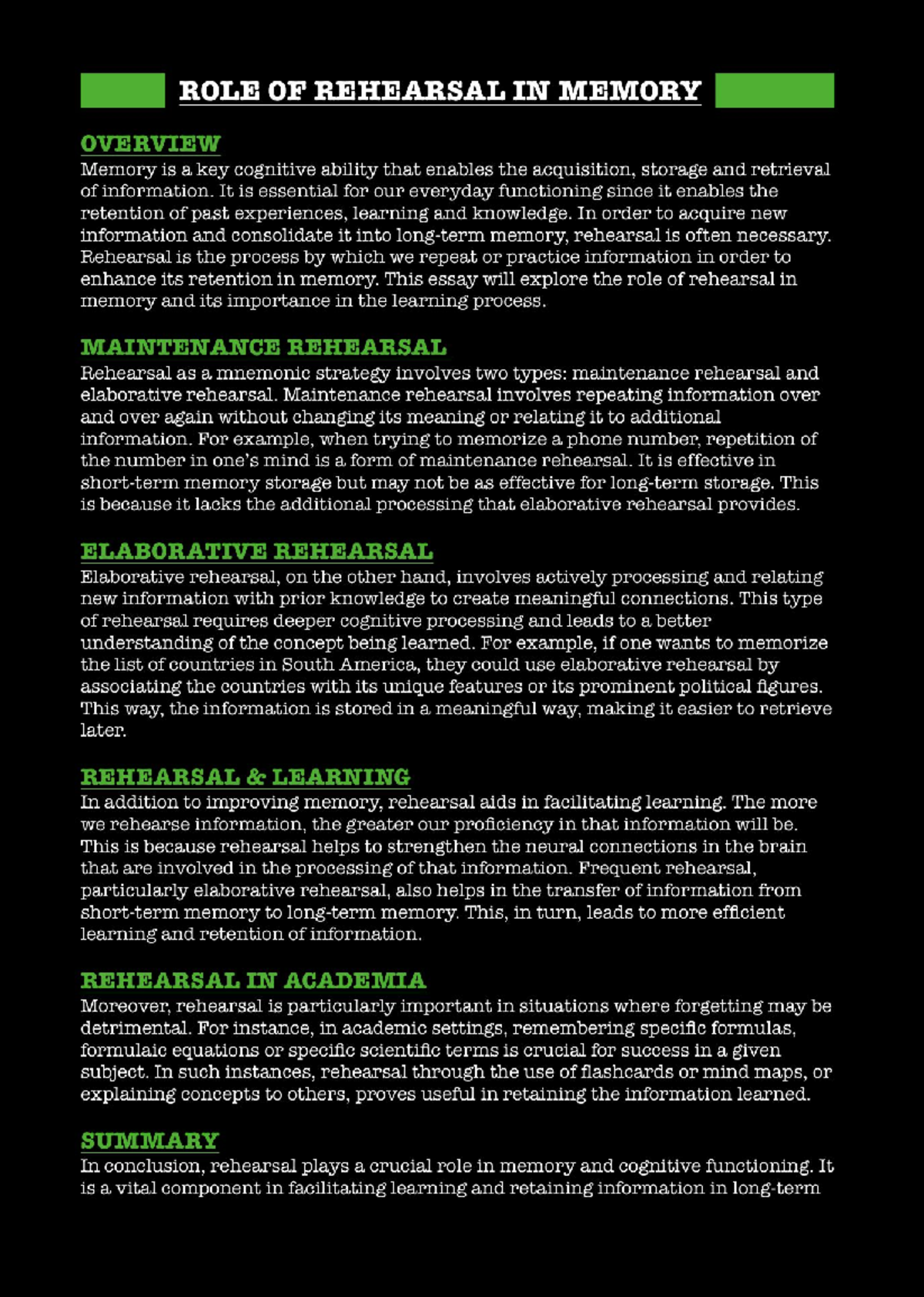 Summary: Role of Rehearsal in Memory - 8638 - Studocu