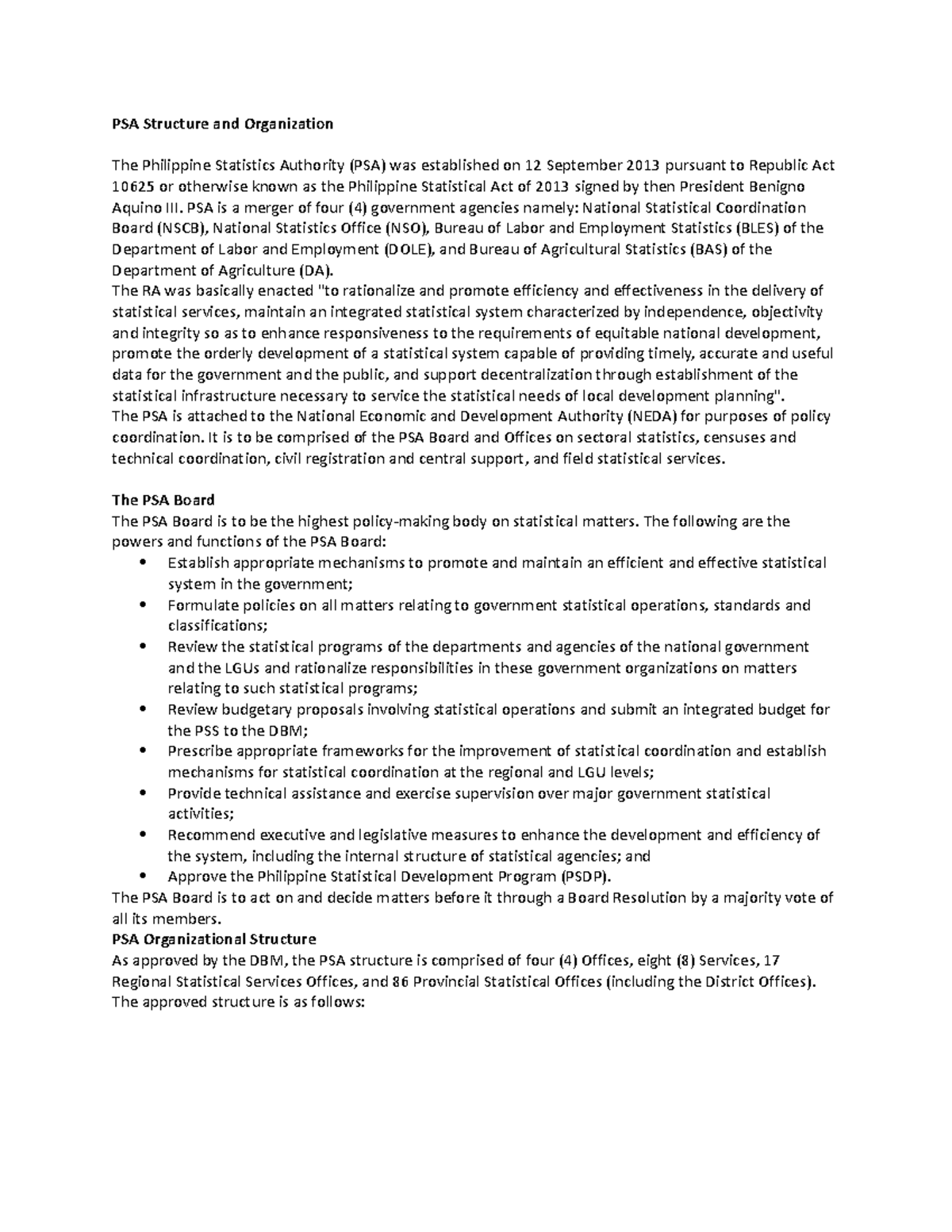 PSA Structure and Organization - PSA is a merger of four (4) government ...