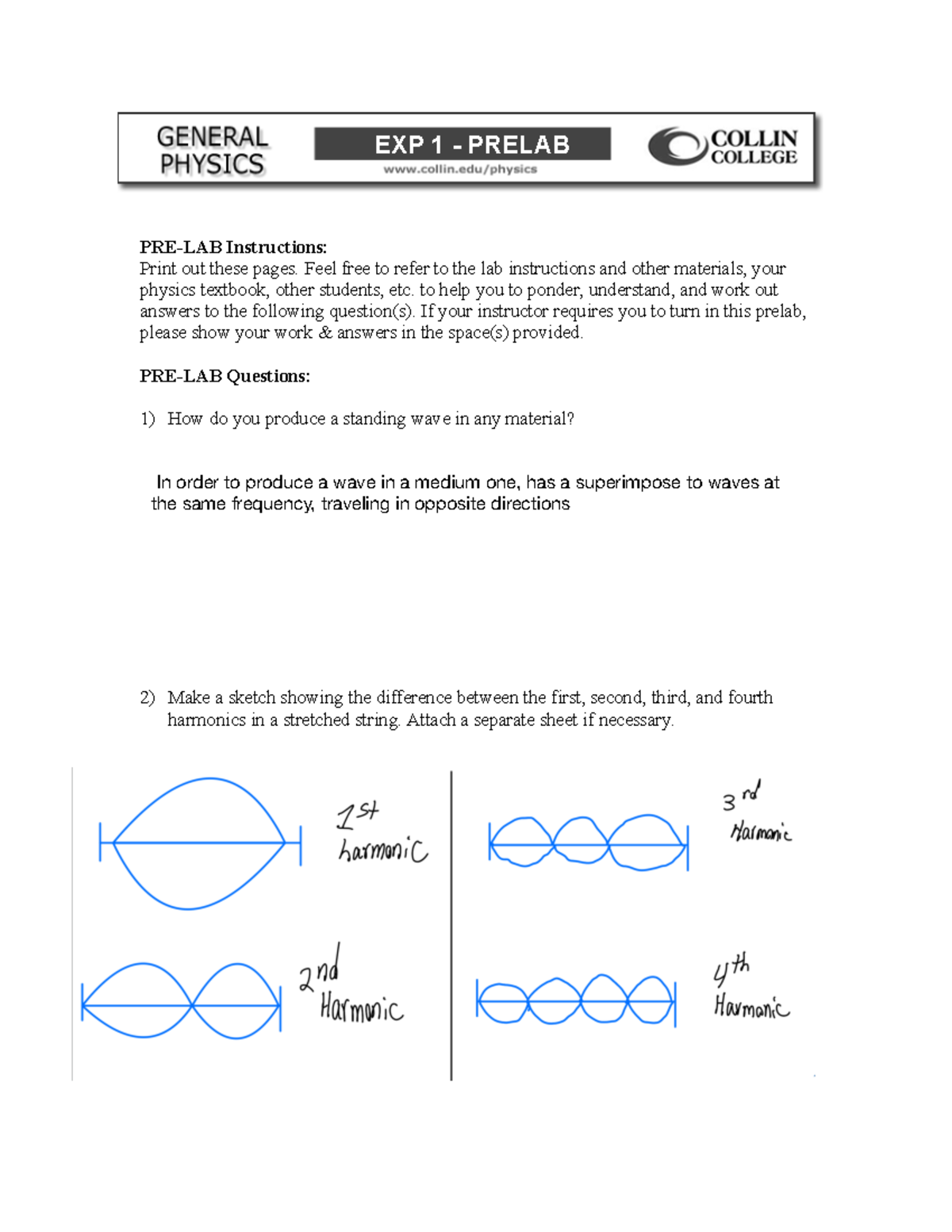 Waves on strings, pre lab - ####### PRE-LAB Instructions: ####### Print ...