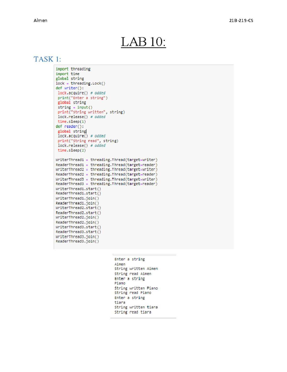 LAB 10 OS - Operating Systems - Aimen 21B- 219 - CS LAB 10: TASK 1: Aimen 21B- 219 - CS TASK 2 ...