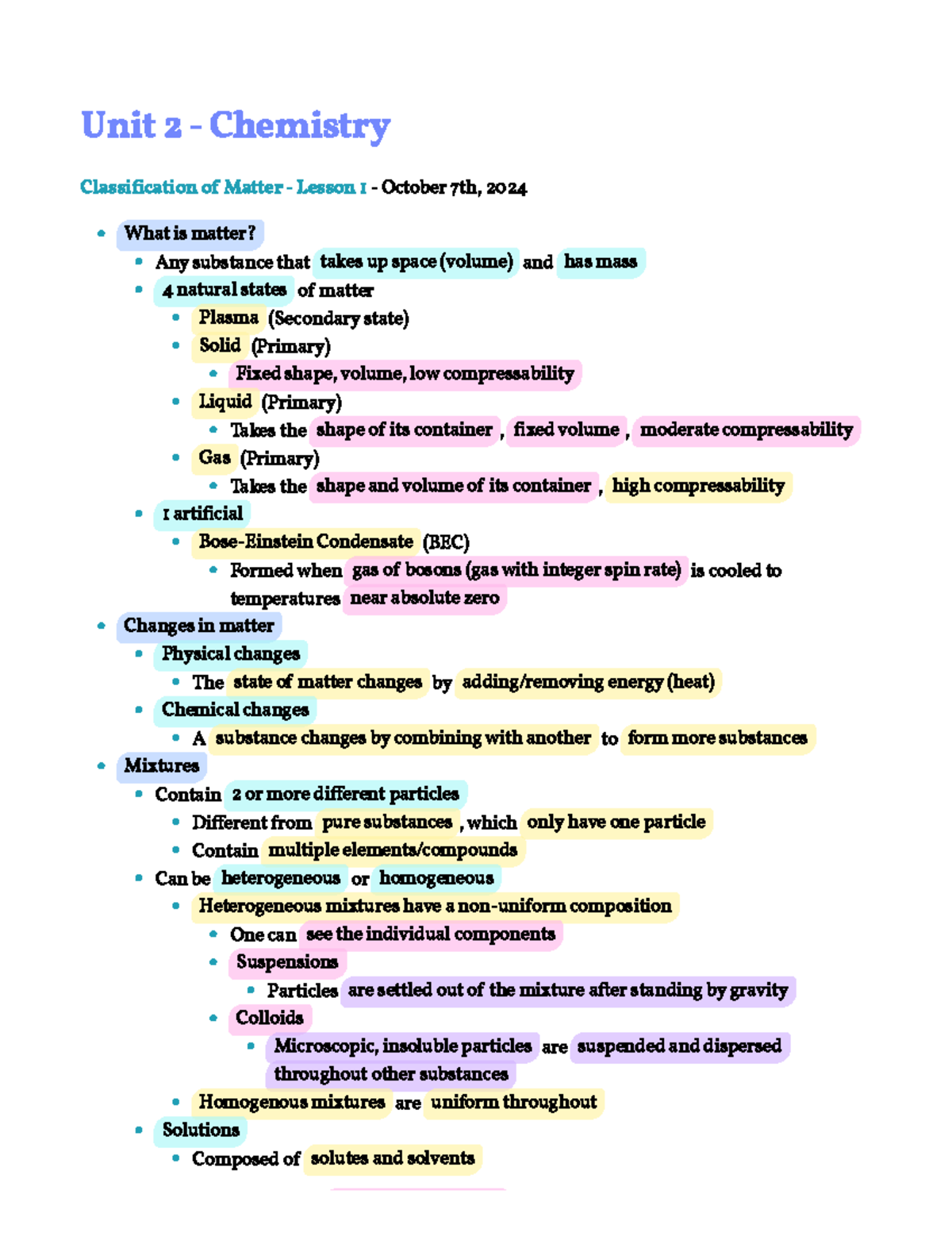Unit 2 - Chemistry - Unit 2 - Chemistry Classication of Matter - Lesson ...