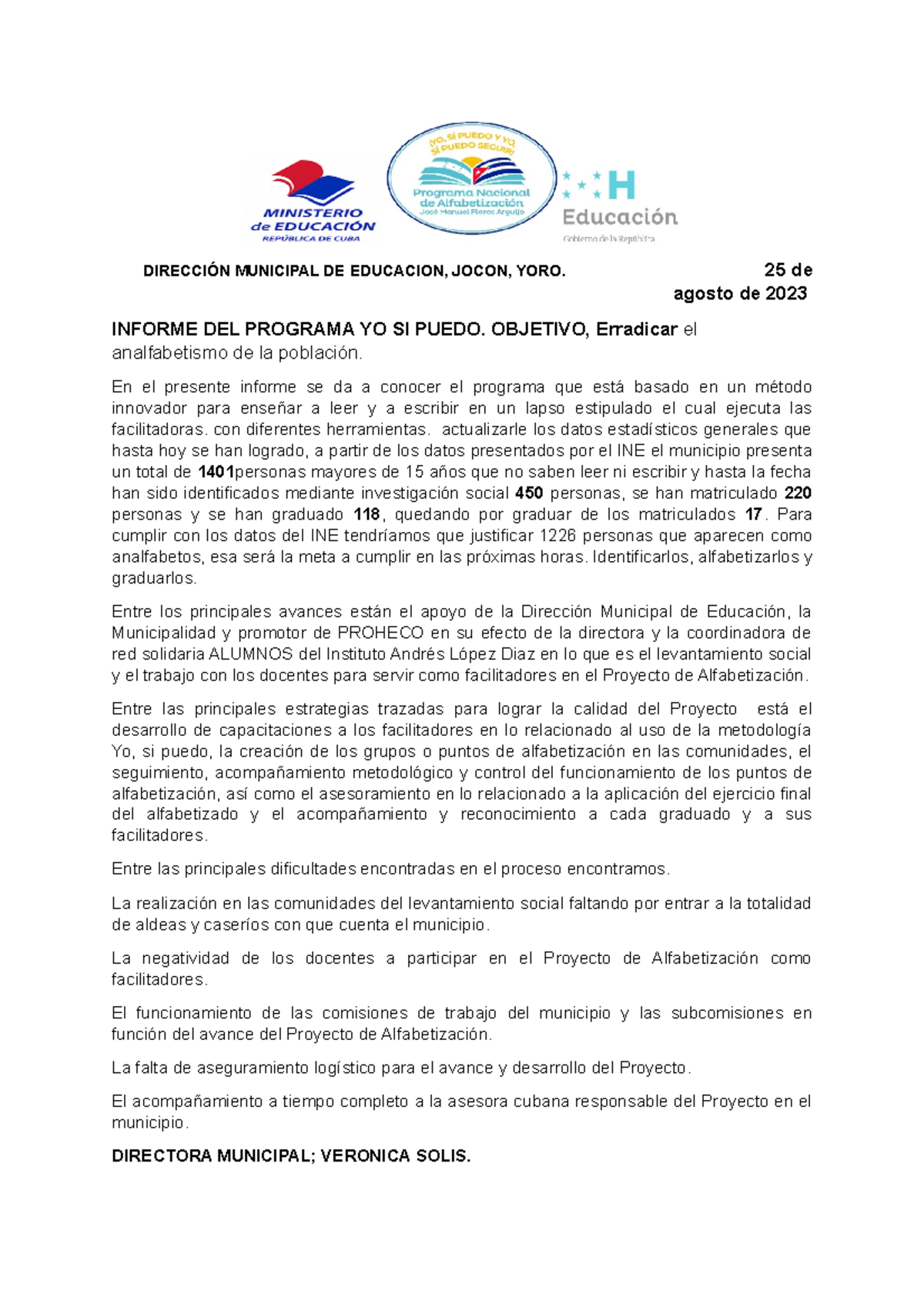 Informe YO SI Puedo - dsadasdasd - DIRECCIÓN MUNICIPAL DE EDUCACION ...