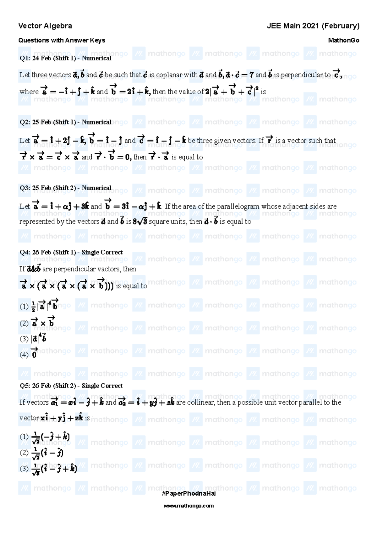Main 2021 question - Q1: 24 Feb (Shift 1) - Numerical Let three vectors ...