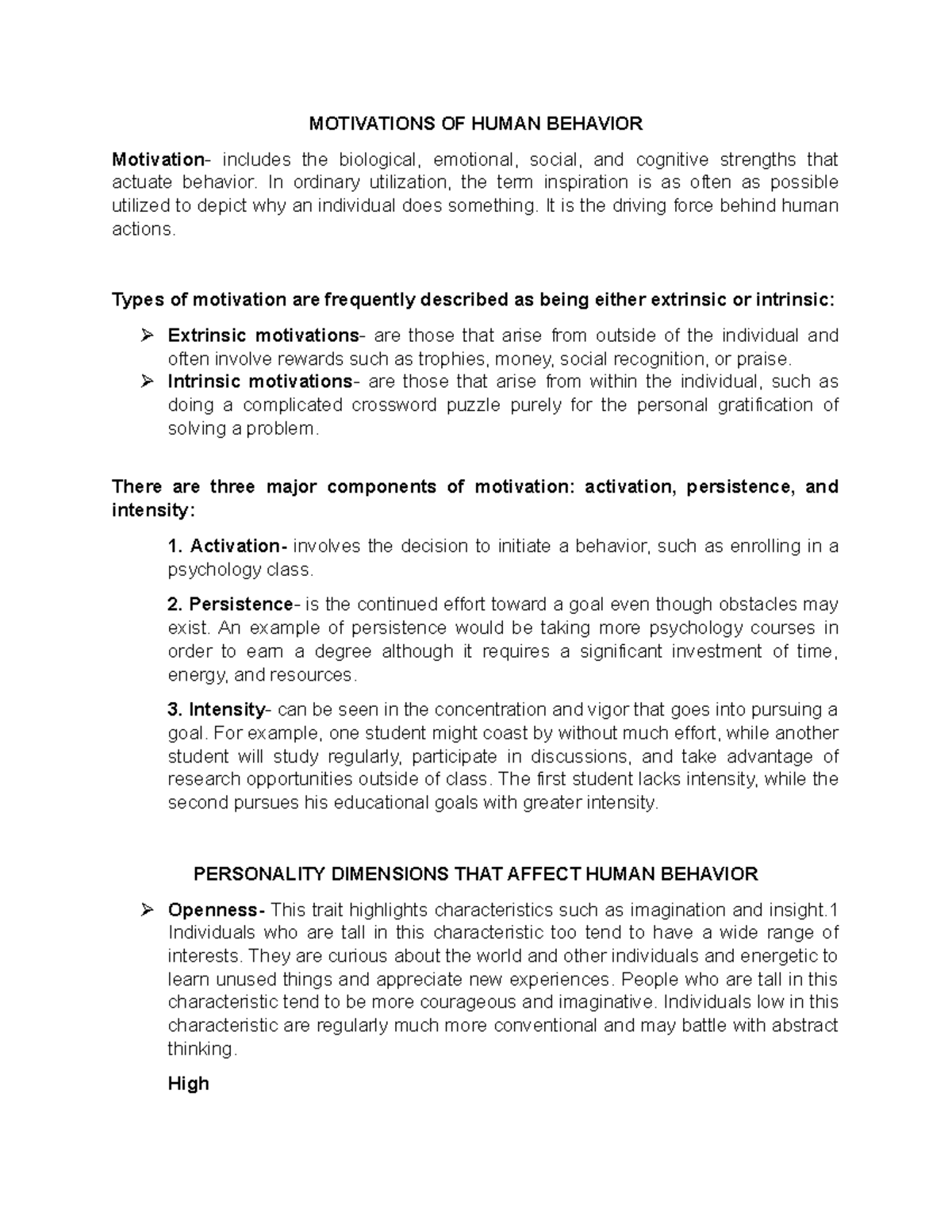 Motivations OF Human Behavior - MOTIVATIONS OF HUMAN BEHAVIOR ...