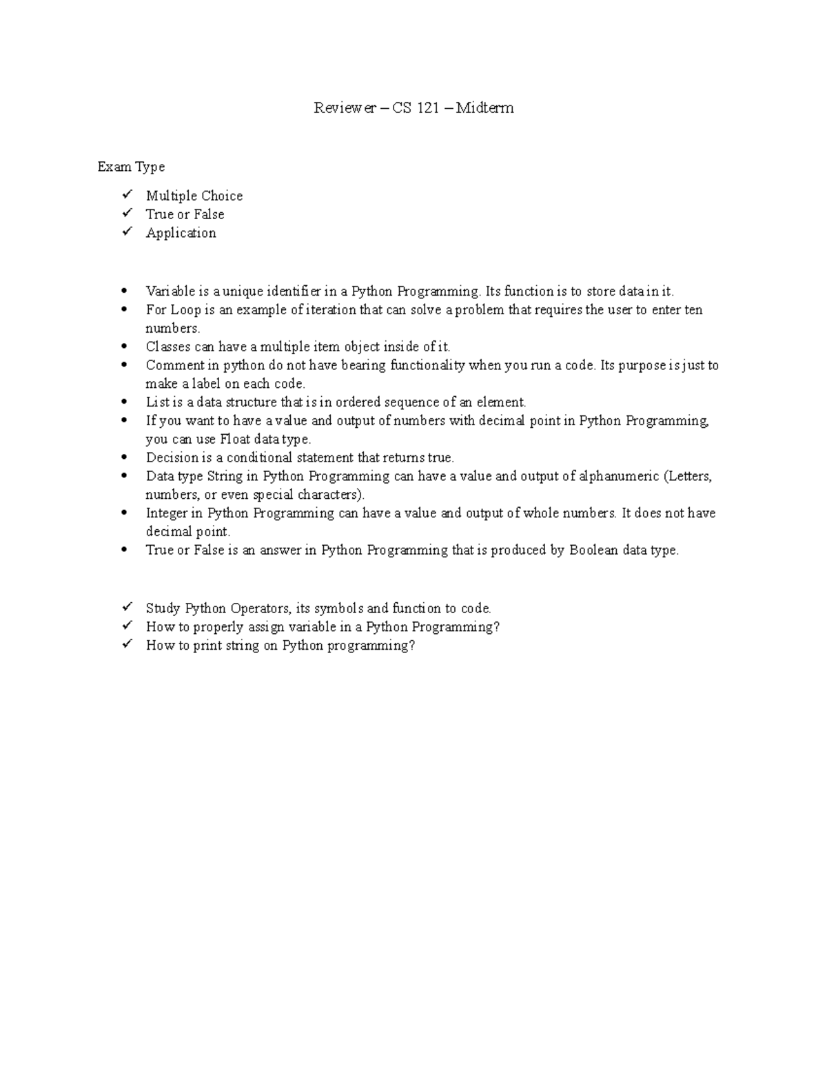 CS 121 Reviewer Midterm - Reviewer – CS 121 – Midterm Exam Type ...