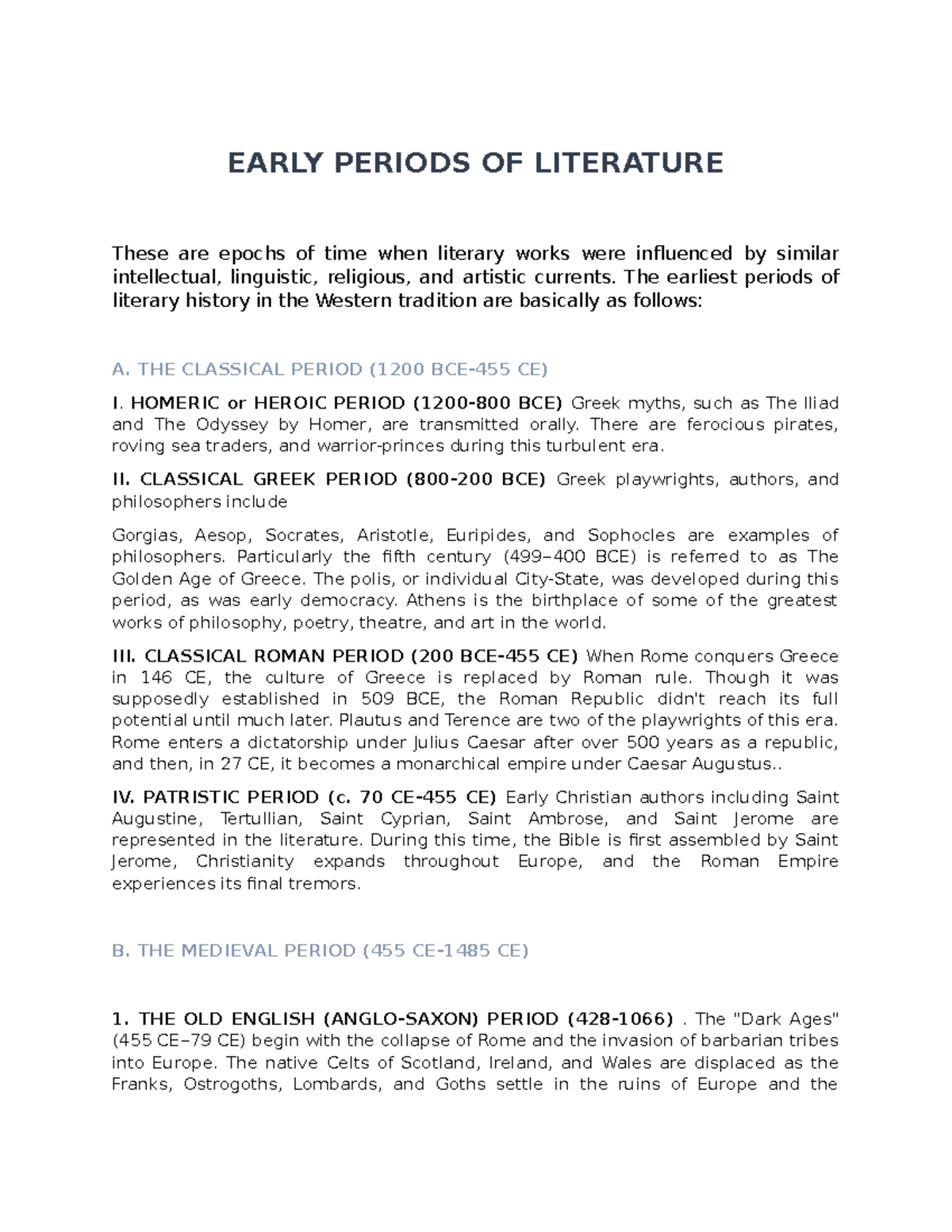 Early Periods OF Literature - EARLY PERIODS OF LITERATURE These are ...