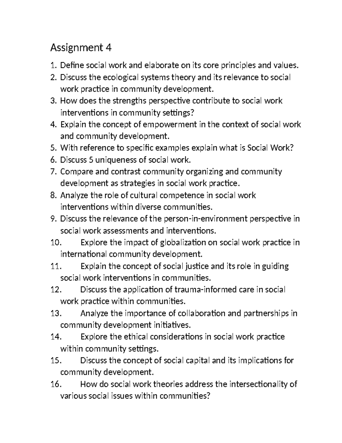 Practice Assignment 4 - Assignment 4 Define social work and elaborate ...