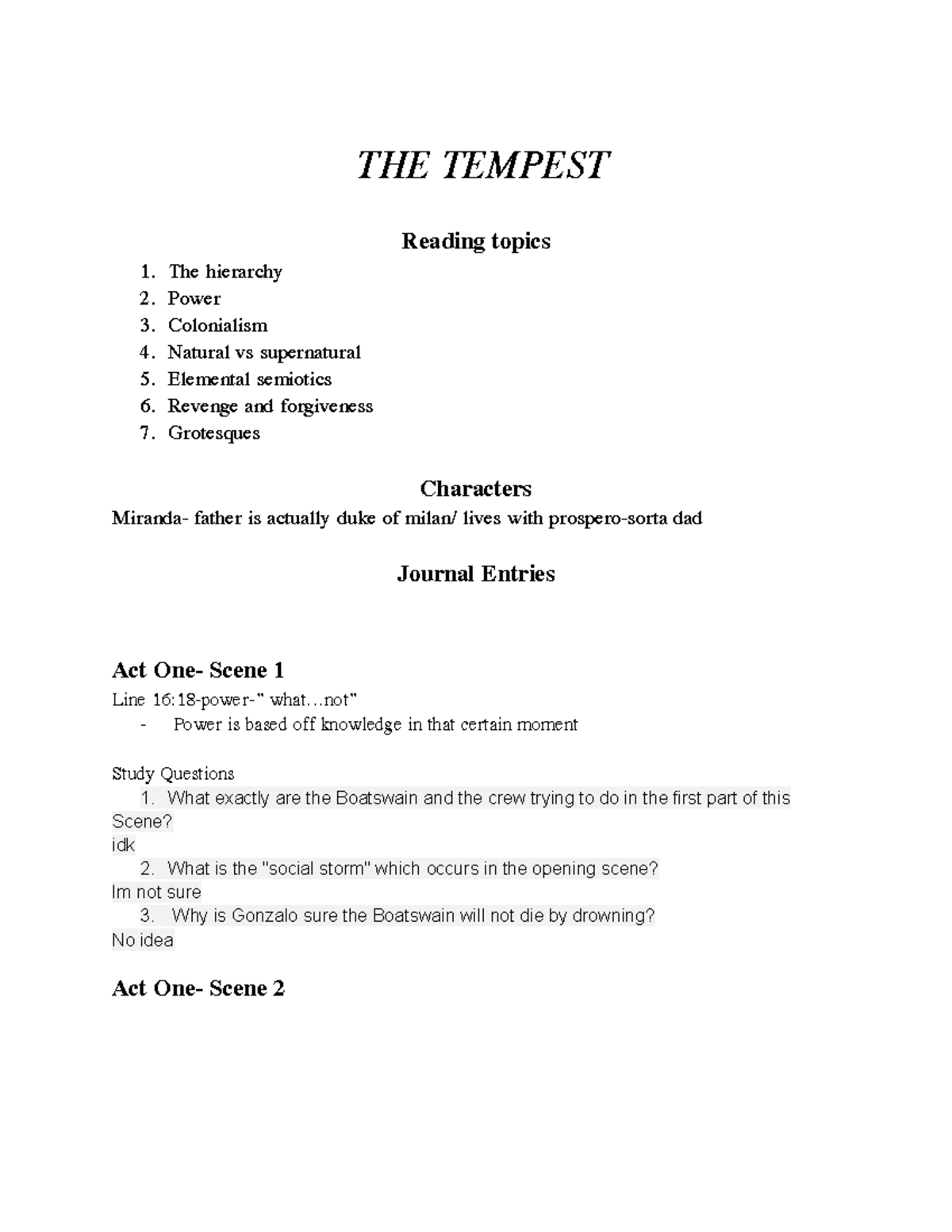The Tempest Reading Journal - THE TEMPEST Reading topics 1. The ...