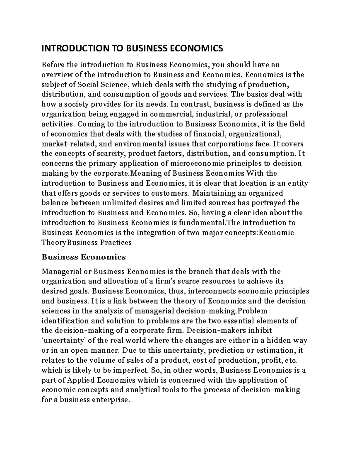 INTRODUCTION TO BUSINESS ECONOMICS - Economics is the subject of Social ...