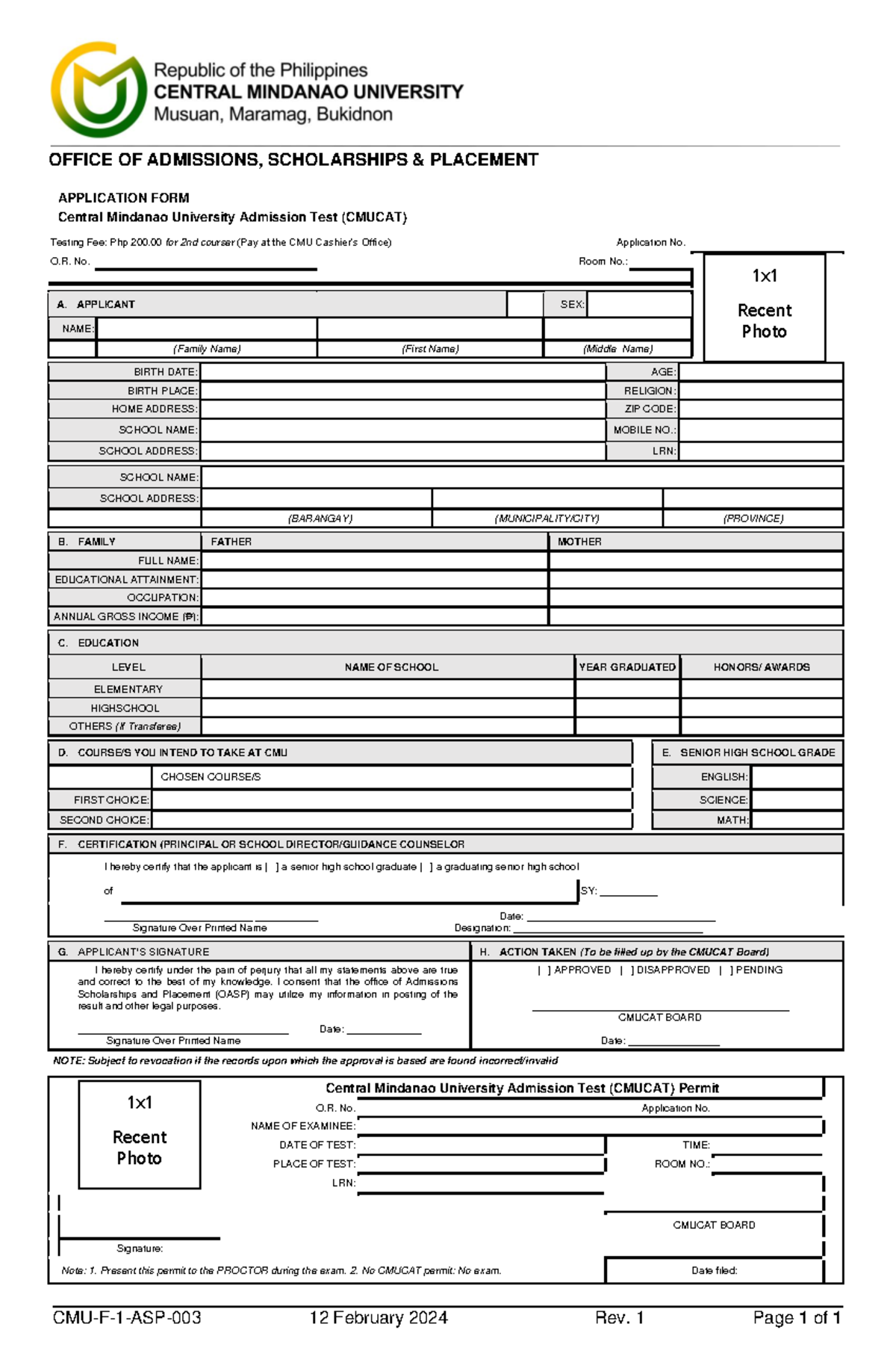 CMU-F-1-ASP-003- Cmucat- Application-FORM - Admissions OASP - CMU-F- 1 ...