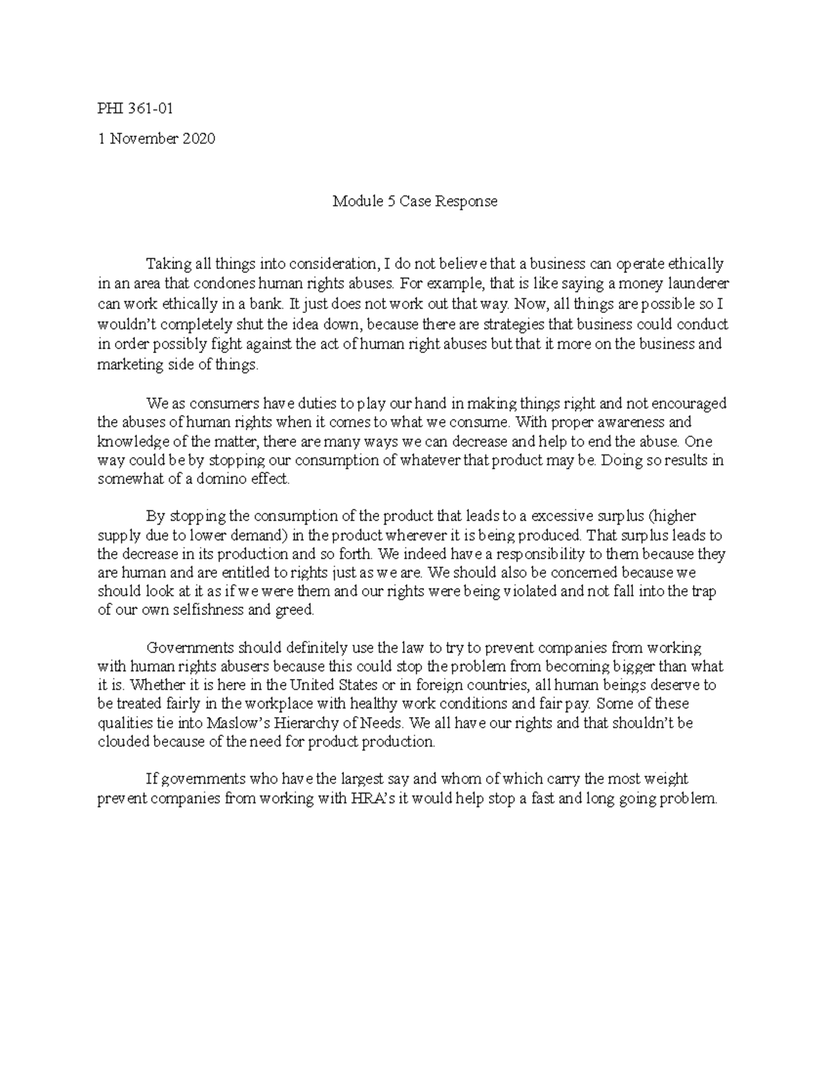 Module 5 Case Response - PHI 361- 1 November 2020 Module 5 Case ...